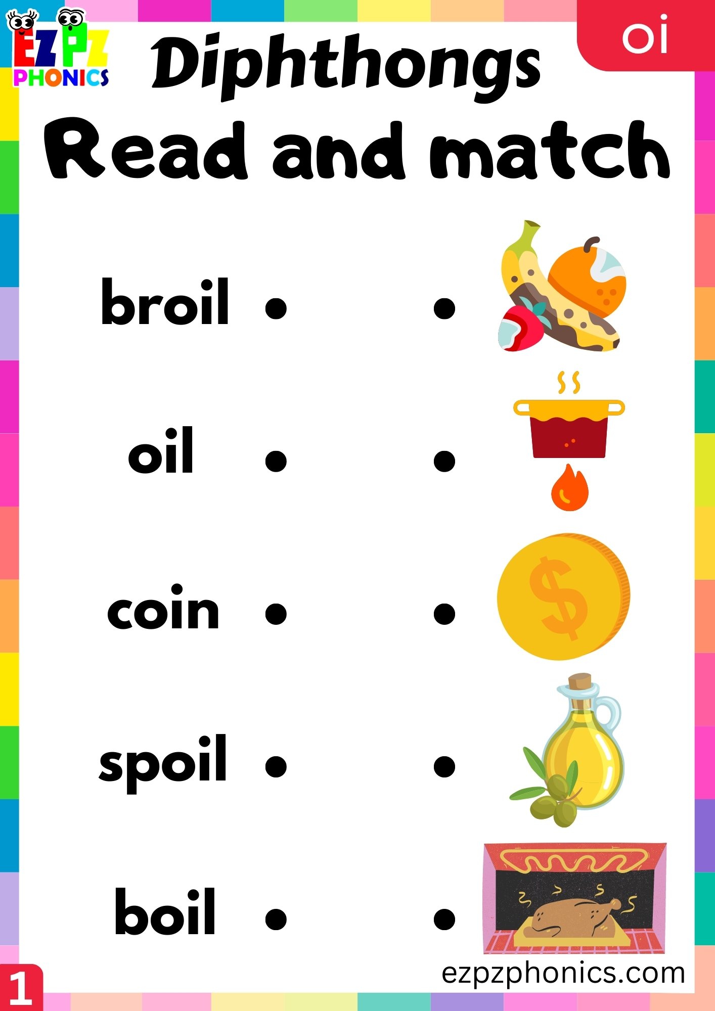 oi Diphthong Read the Word and Match the Correct Images Worksheet PDF ...