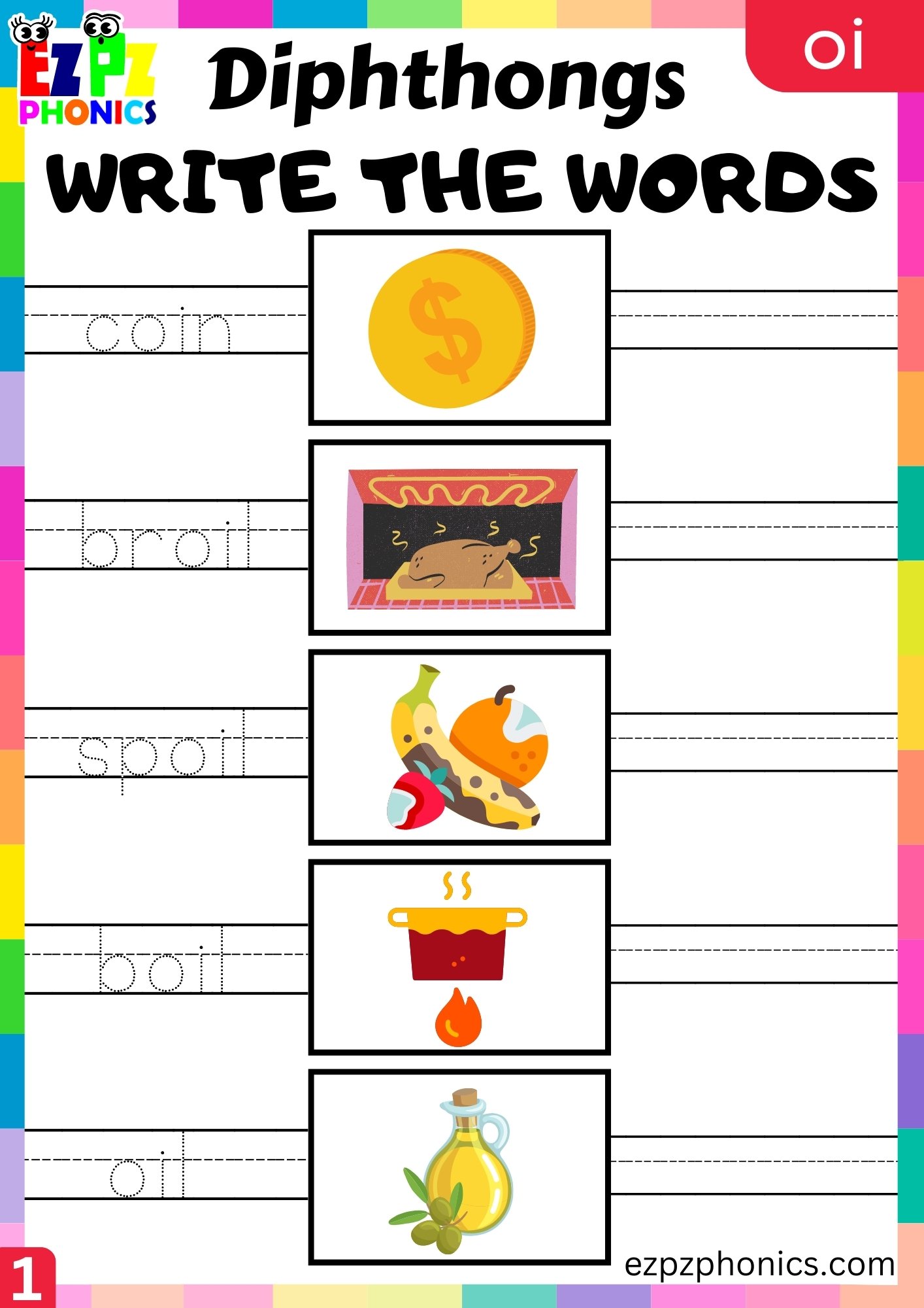 oi Diphthong Write the Words Worksheet PDF Download - ezpzphonics.com