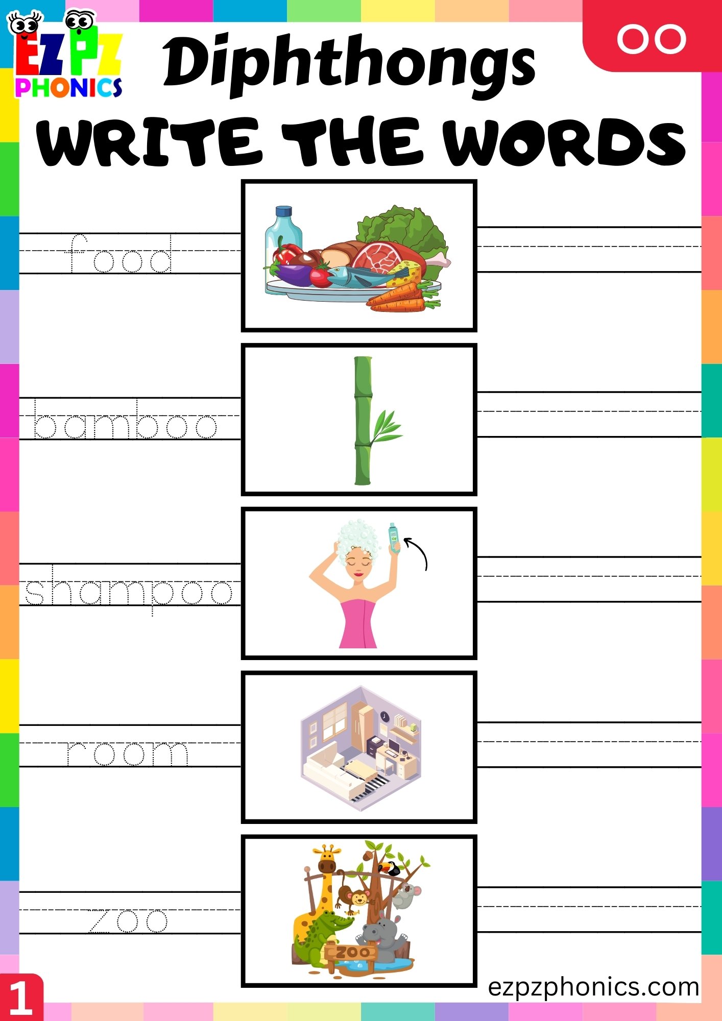 oo Diphthong Write the Words Worksheet PDF Download - ezpzphonics.com