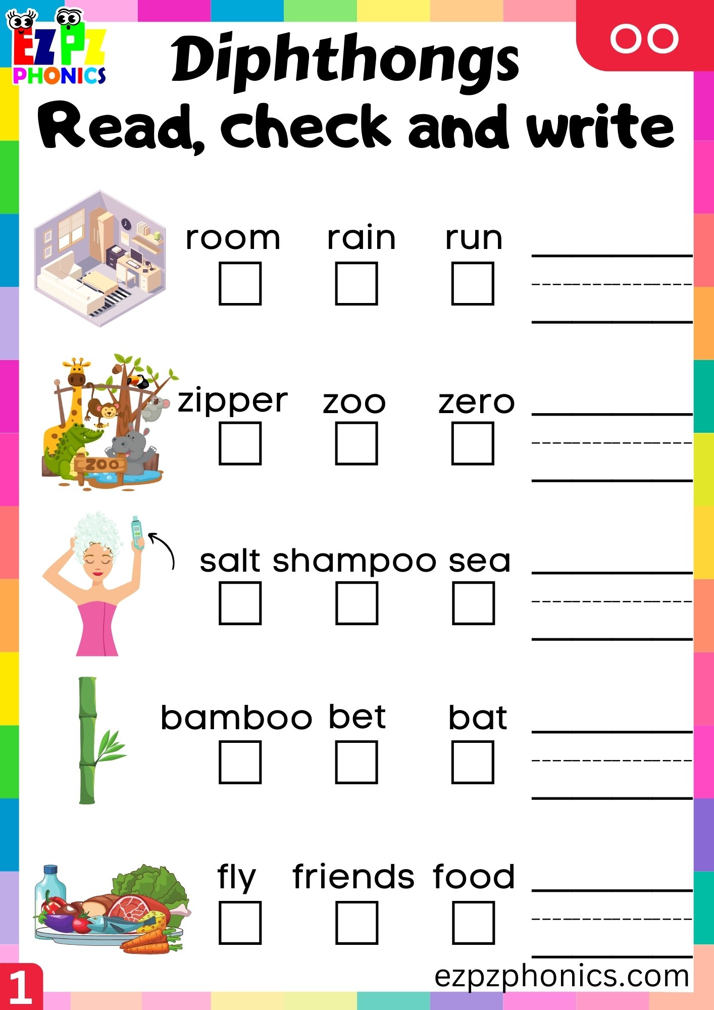 oo Diphthong Read Check and Write Worksheet PDF Download - ezpzphonics.com