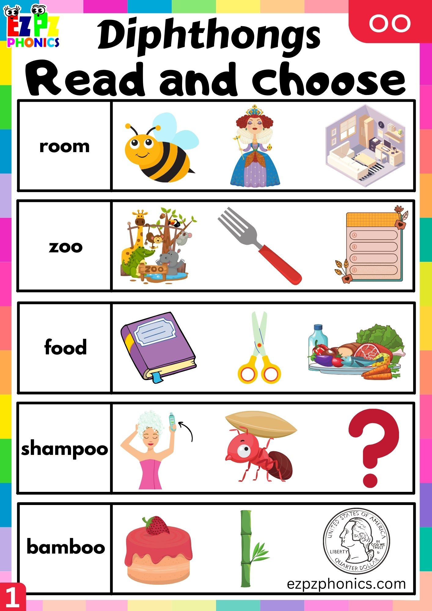 oo Diphthong Read the Word and Choose the Correct Image Worksheet PDF ...