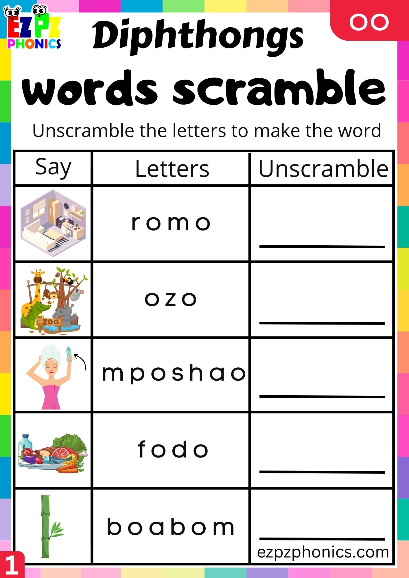 oo Diphthong Word Scramble Worksheet PDF Download - ezpzphonics.com