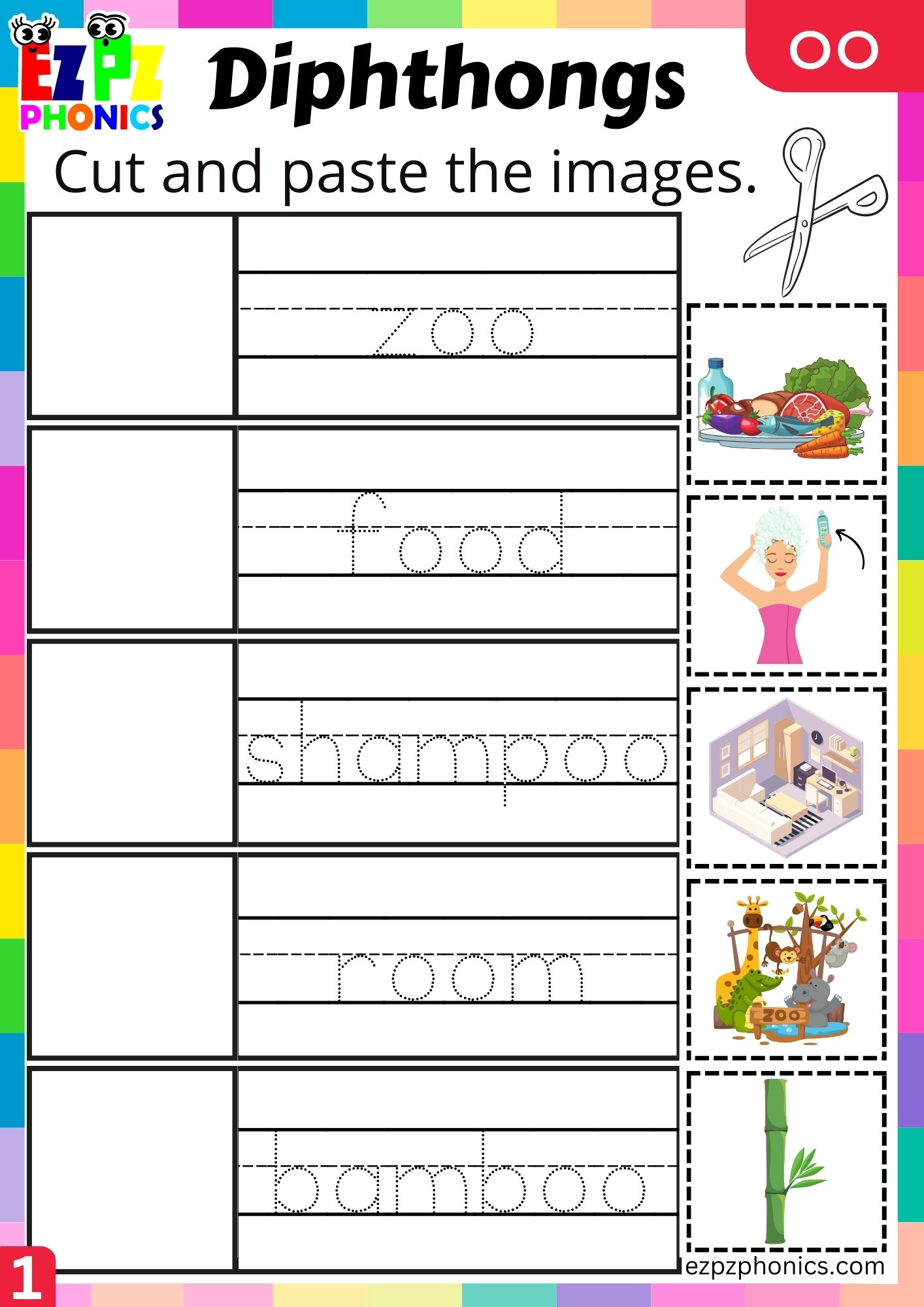 oo Diphthong Cut and Paste the Images Worksheet PDF Download ...