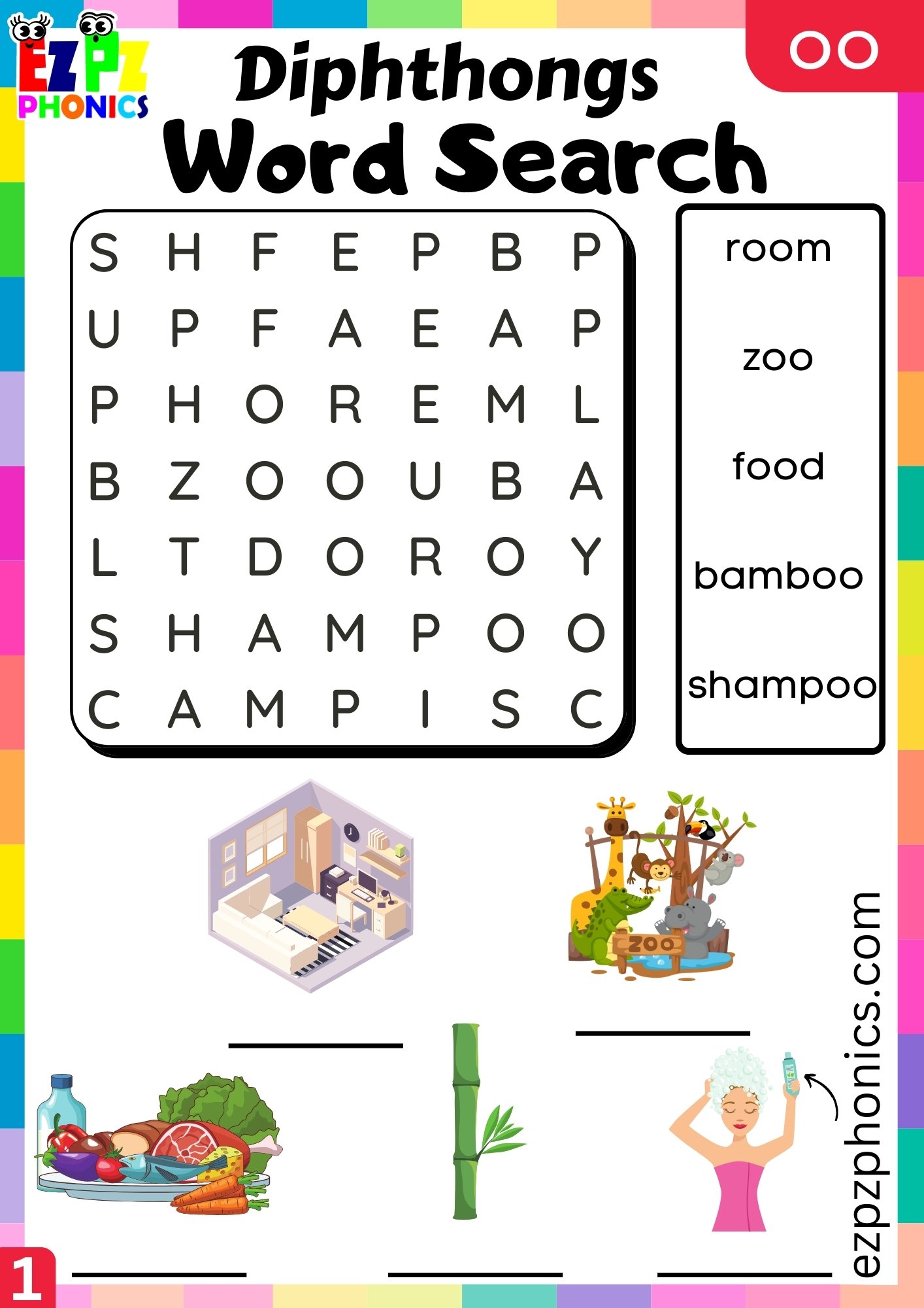 oo Diphthongs Word Search Write and Find Worksheet - ezpzphonics.com