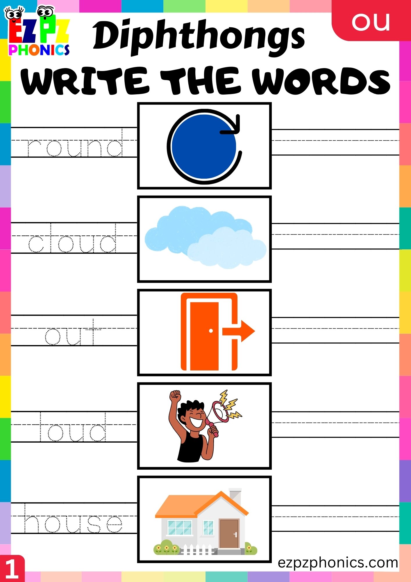 ou Diphthong Write the Words Worksheet PDF Download - ezpzphonics.com