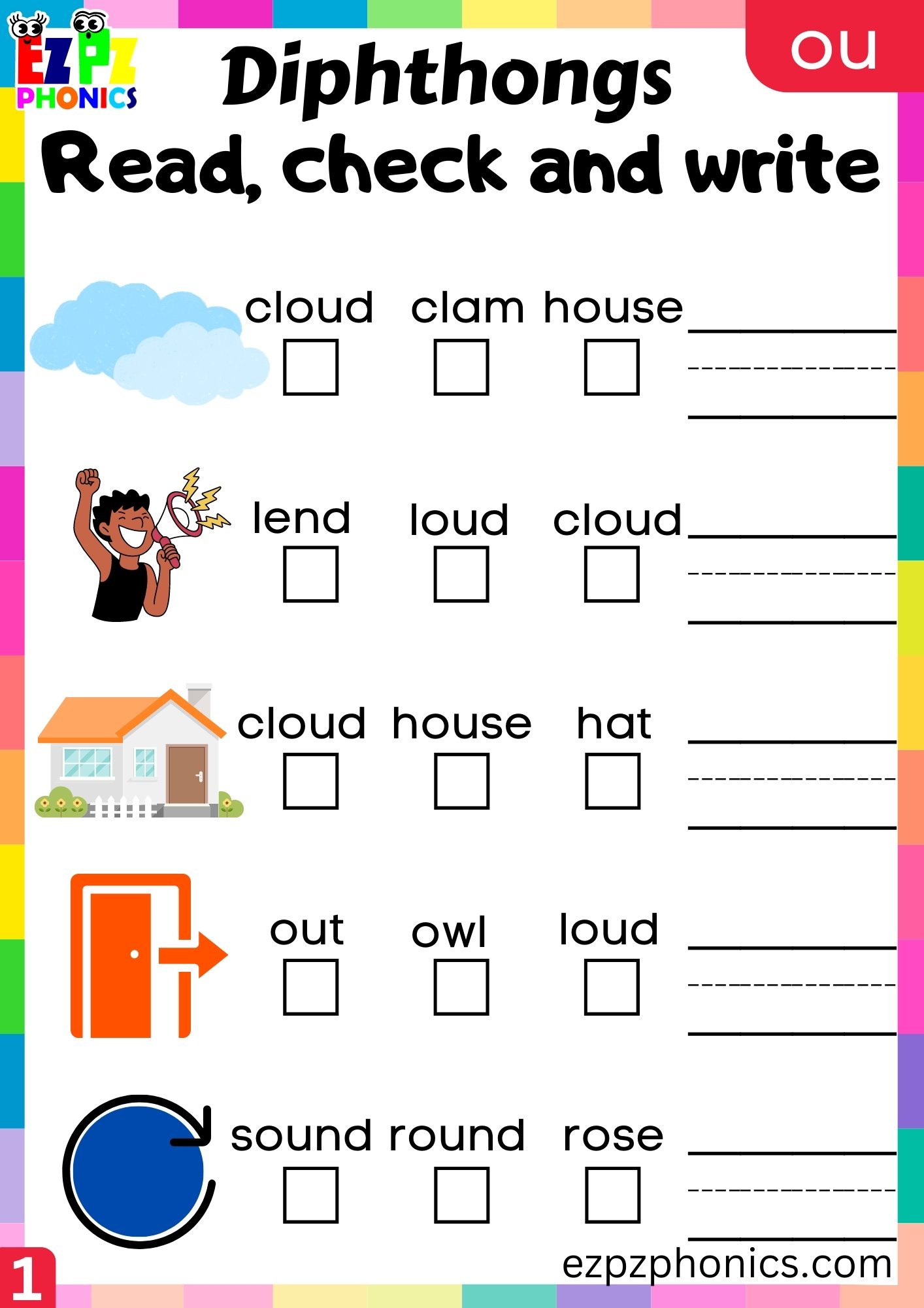 ou Diphthong Read Check and Write Worksheet PDF Download - ezpzphonics.com