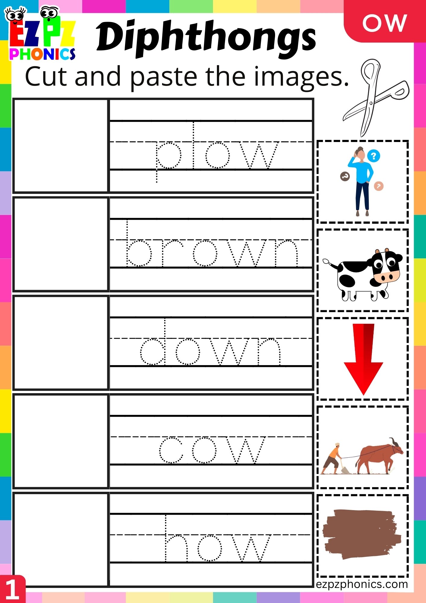 ow Diphthong Cut and Paste the Images Worksheet PDF Download ...