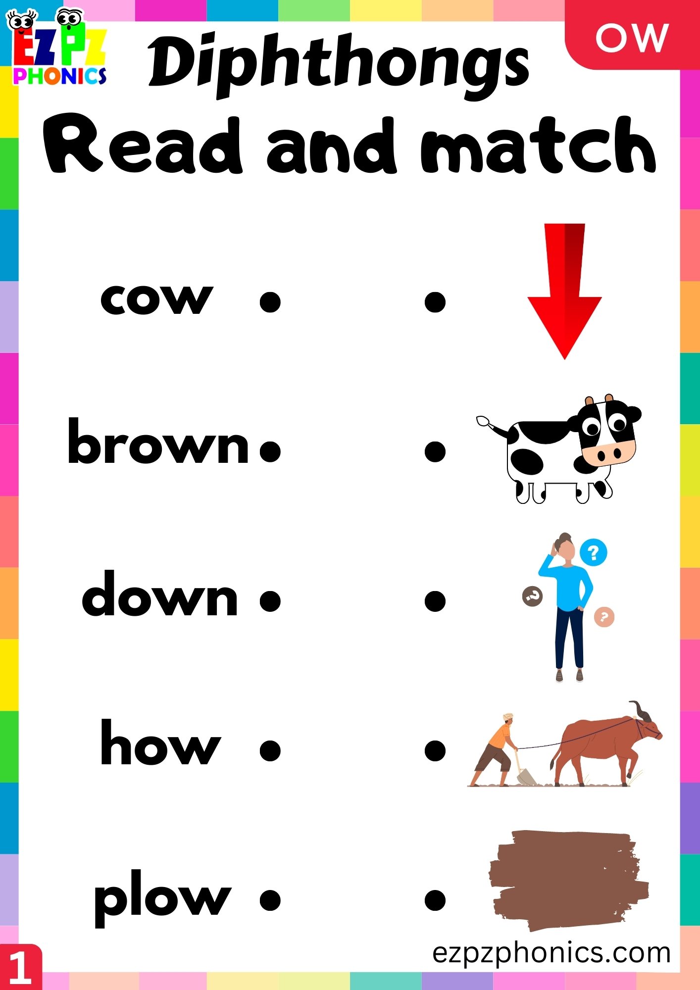 ow Diphthong Read and Match the Image Worksheet PDF Download ...