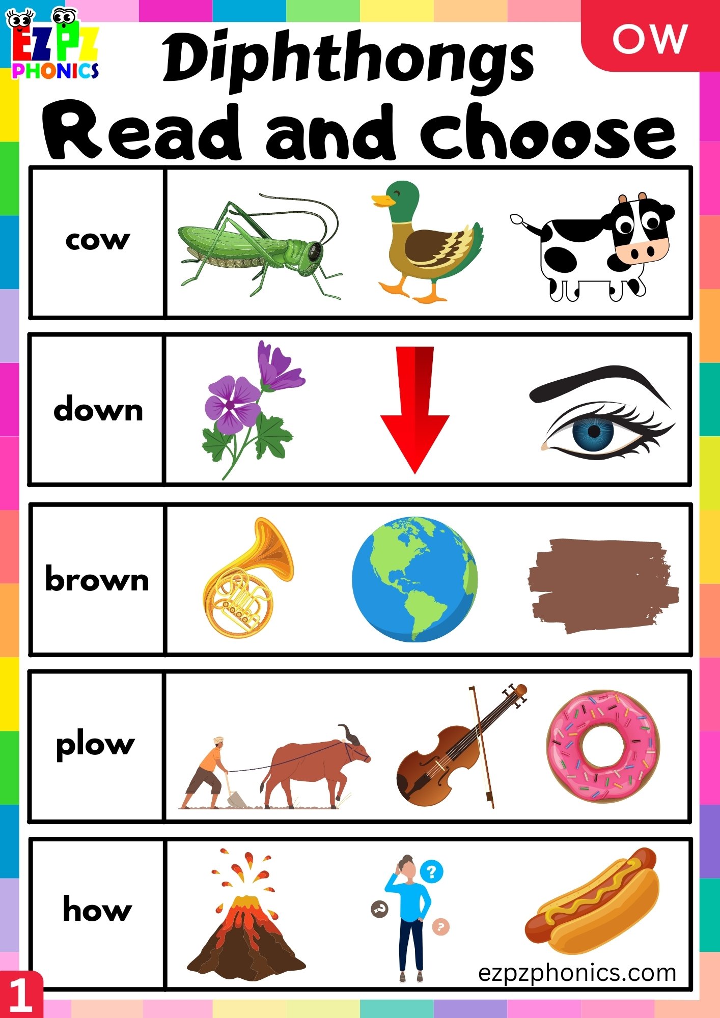 ow Diphthong Read the Word and Choose the Correct Image Worksheet PDF ...