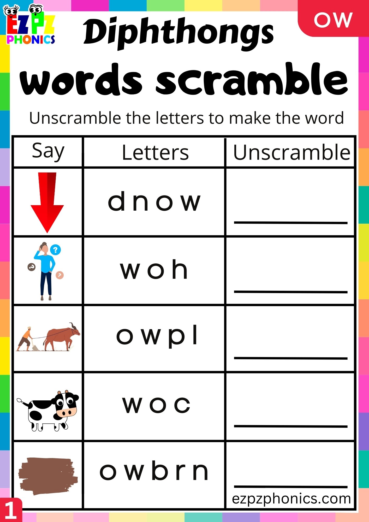 ow Diphthong Word Scramble Worksheet PDF Download - ezpzphonics.com