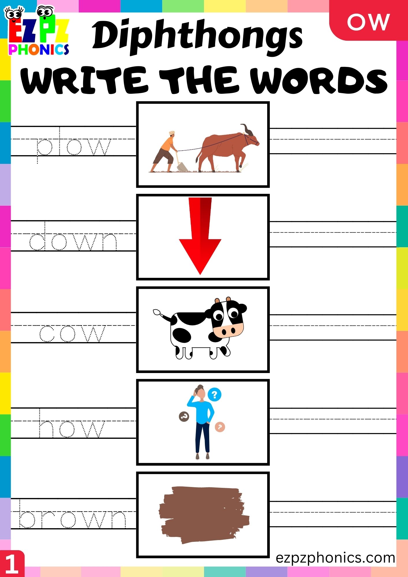 ow Diphthong Write the Words Worksheet PDF Download - ezpzphonics.com