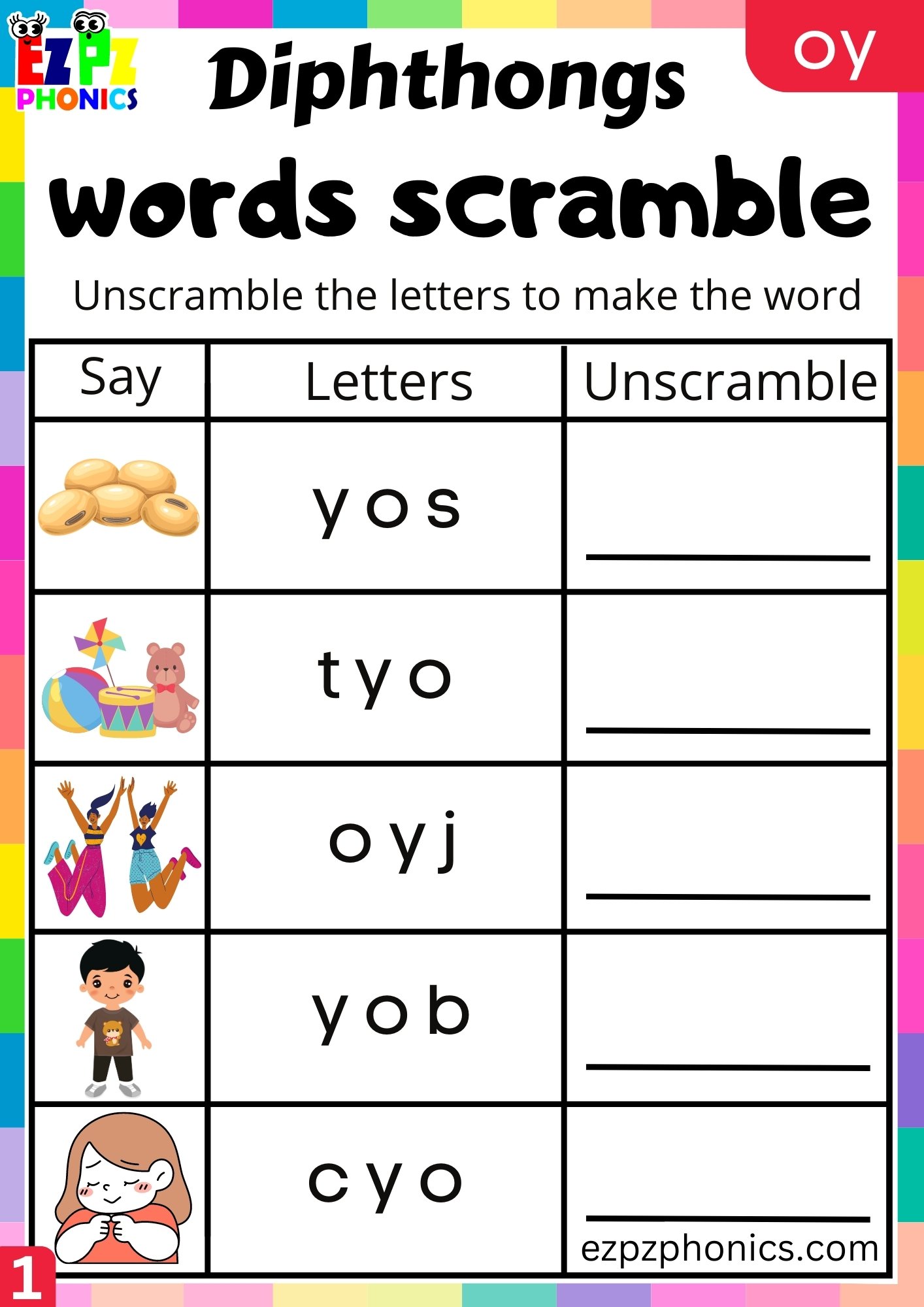 oy Diphthong Word Scramble Worksheet PDF - ezpzphonics.com