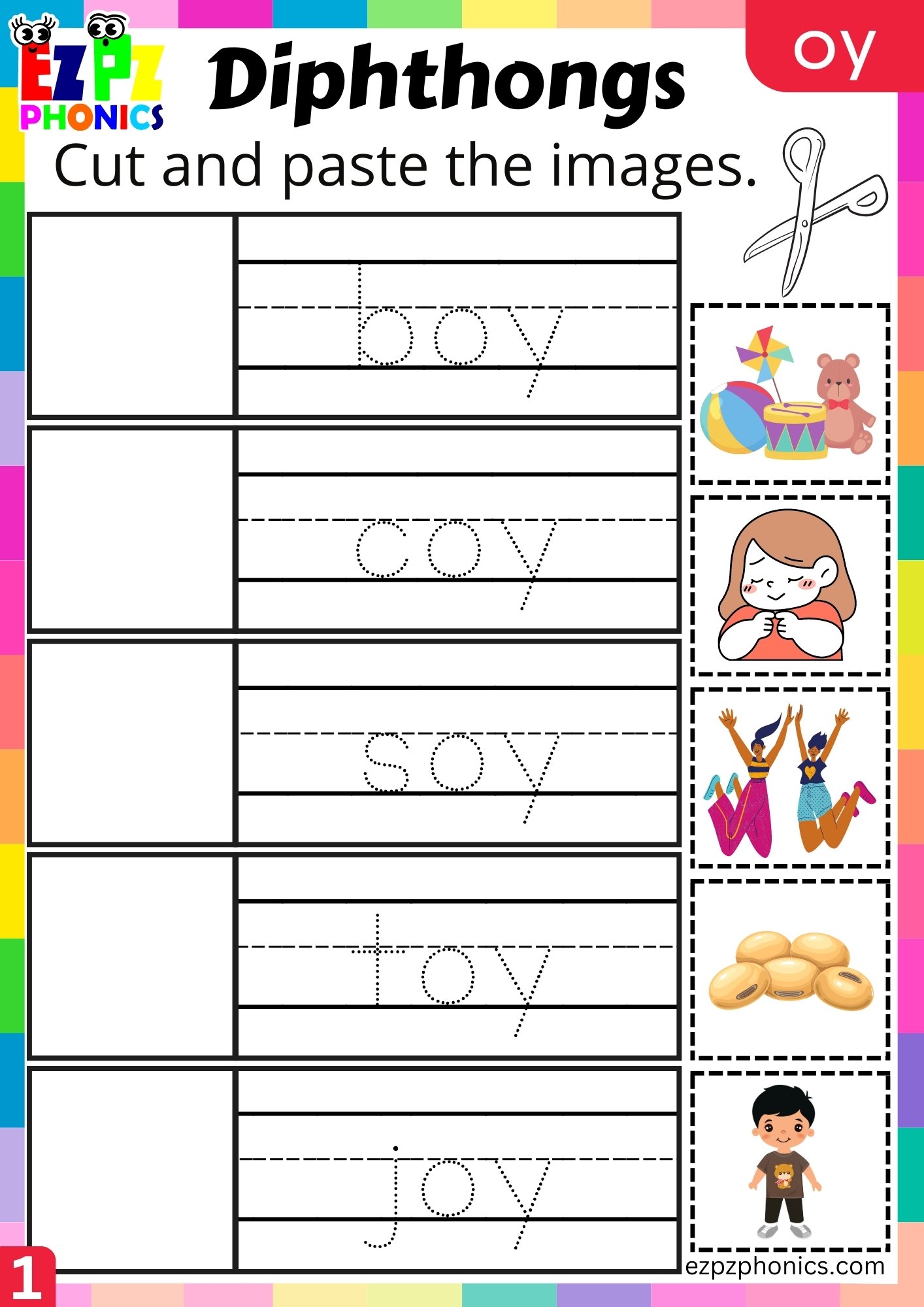 oy Diphthong Cut and Paste the Images Worksheet PDF - ezpzphonics.com