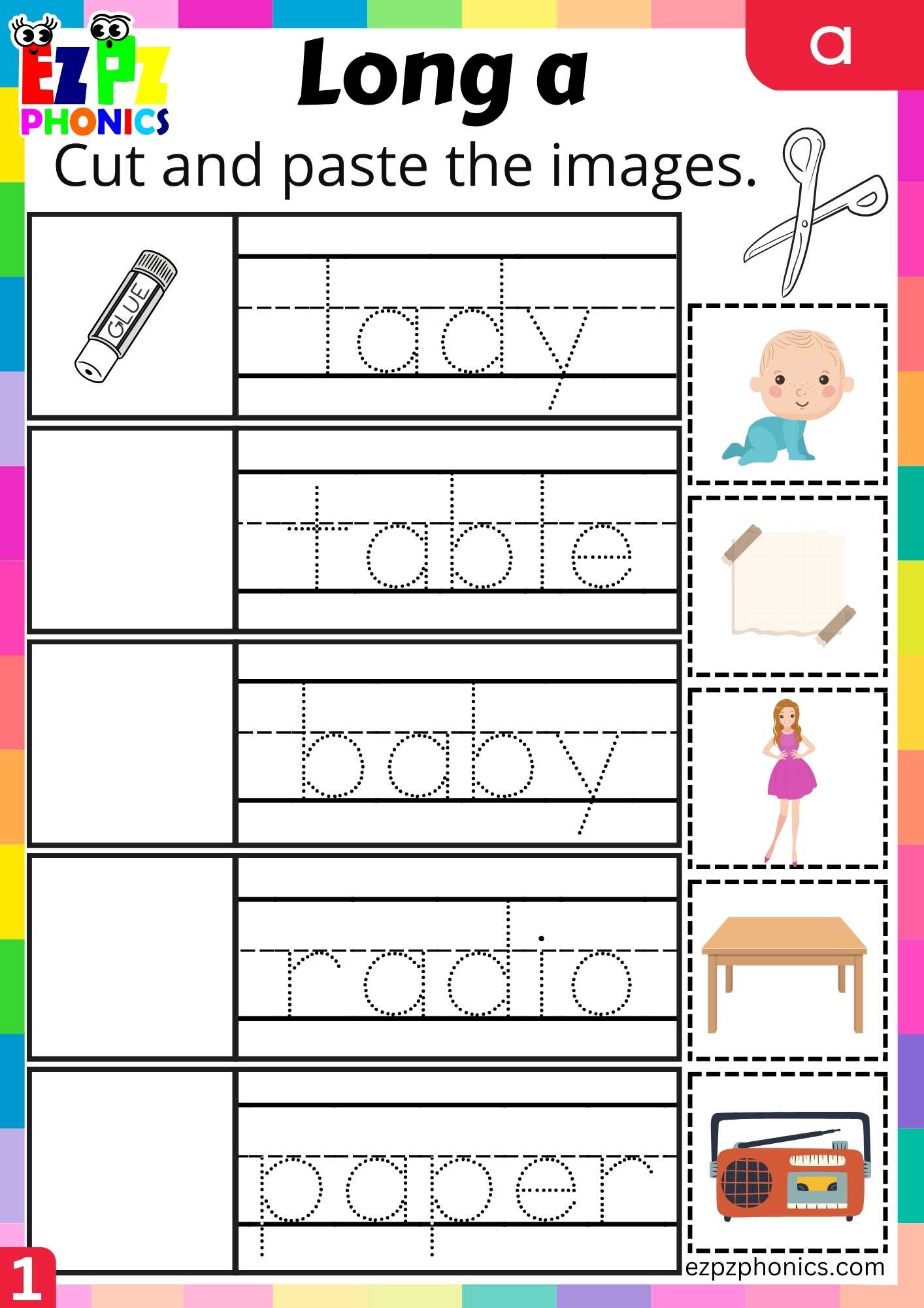 Group1 A Words Cut And Paste The Images Long A Phonics Worksheet ...