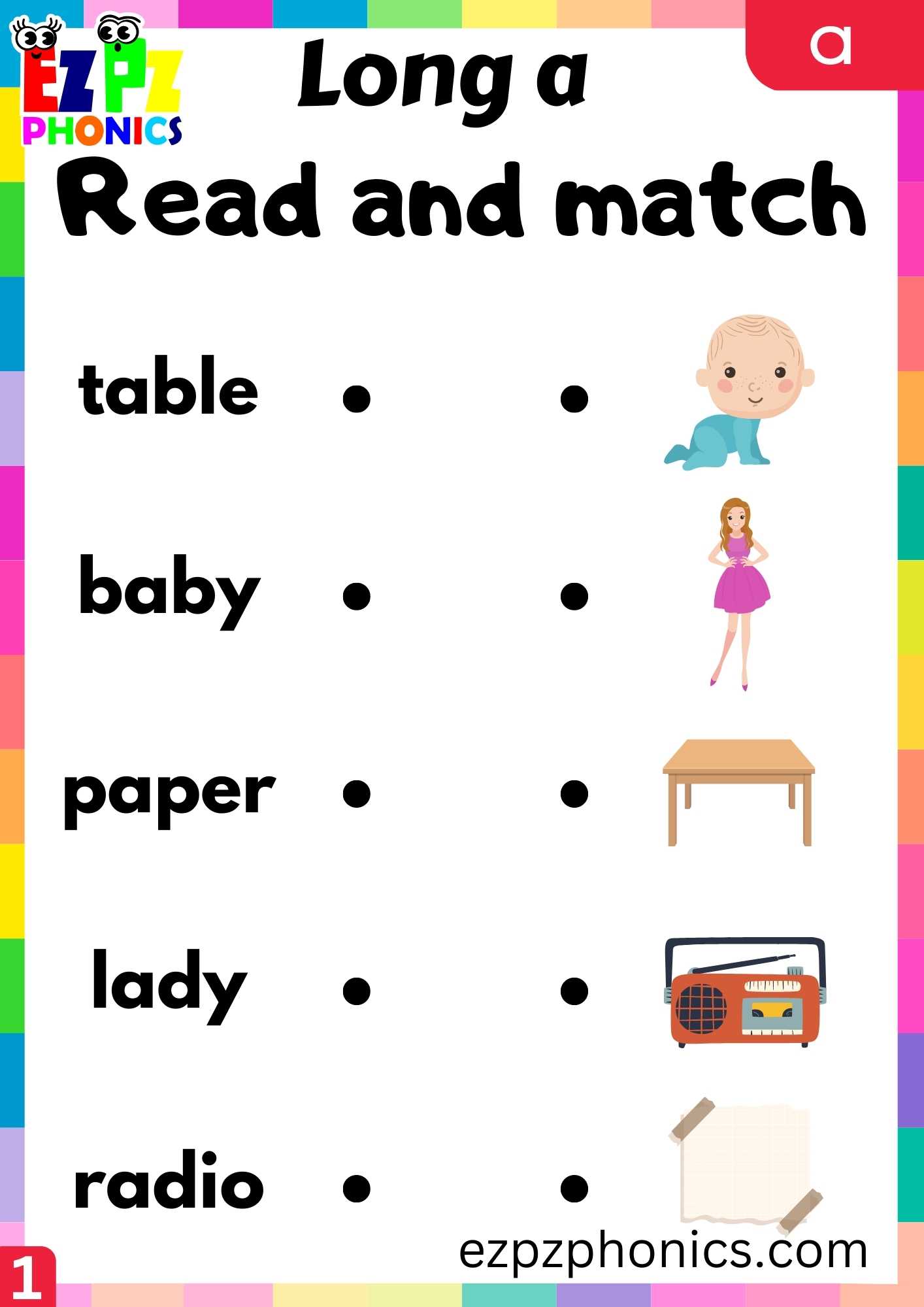 Group1 A Words Read And Match Long A Phonics Worksheet - ezpzphonics.com