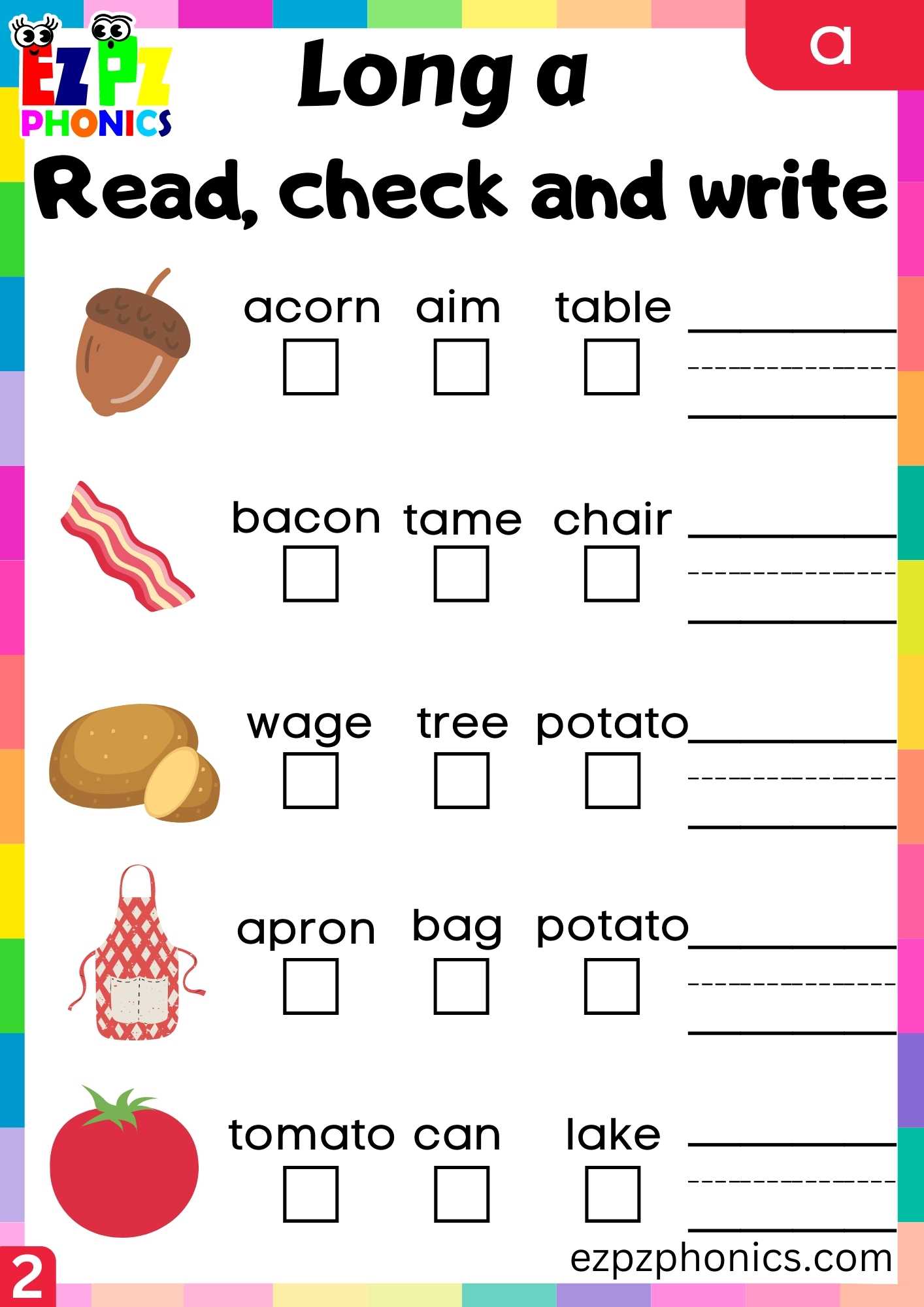 Group2 A Words Read, Check And Write Long A Phonics Worksheet ...