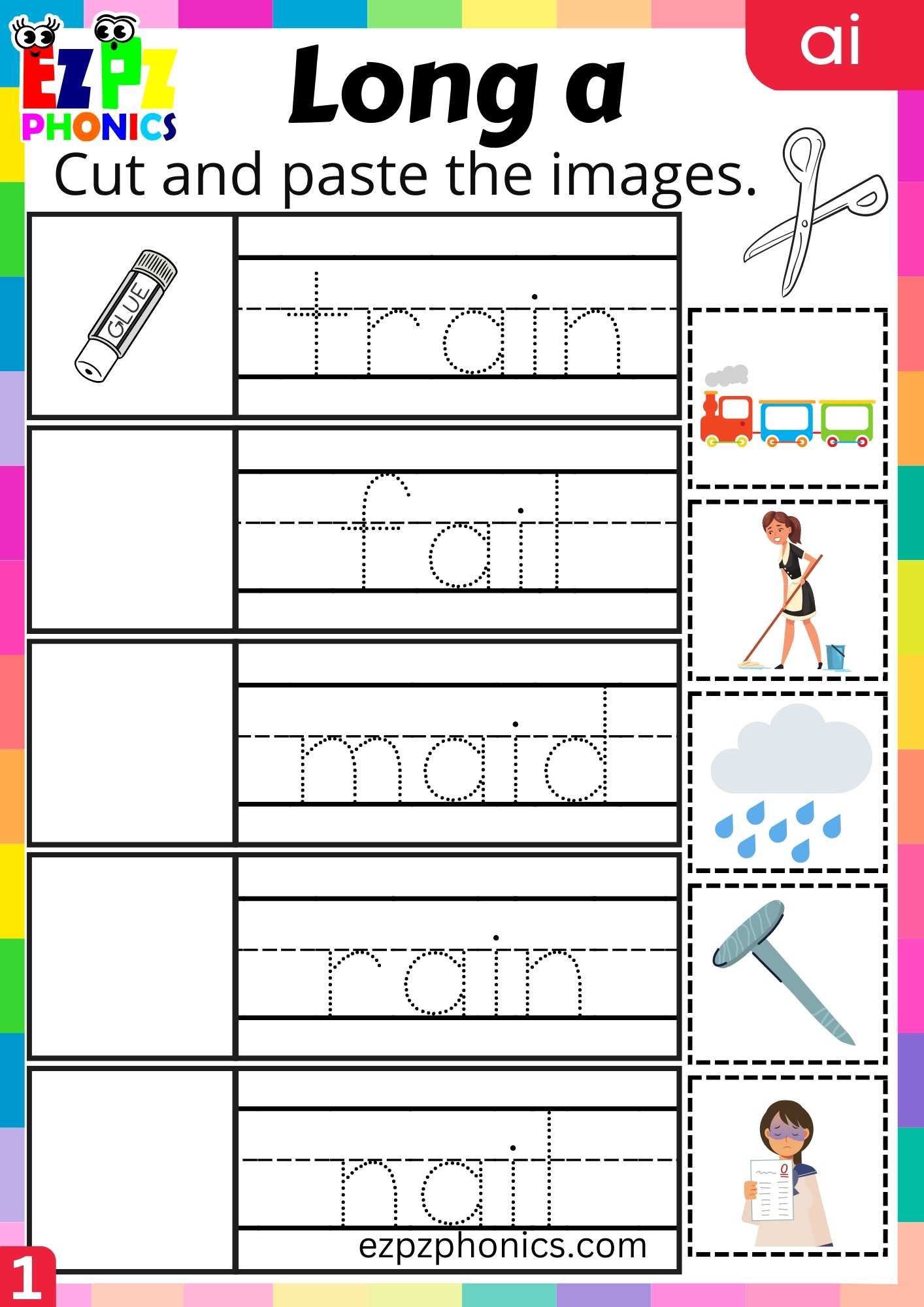 Group1 AI Words Cut And Paste The Images Long A Phonics Worksheet ...