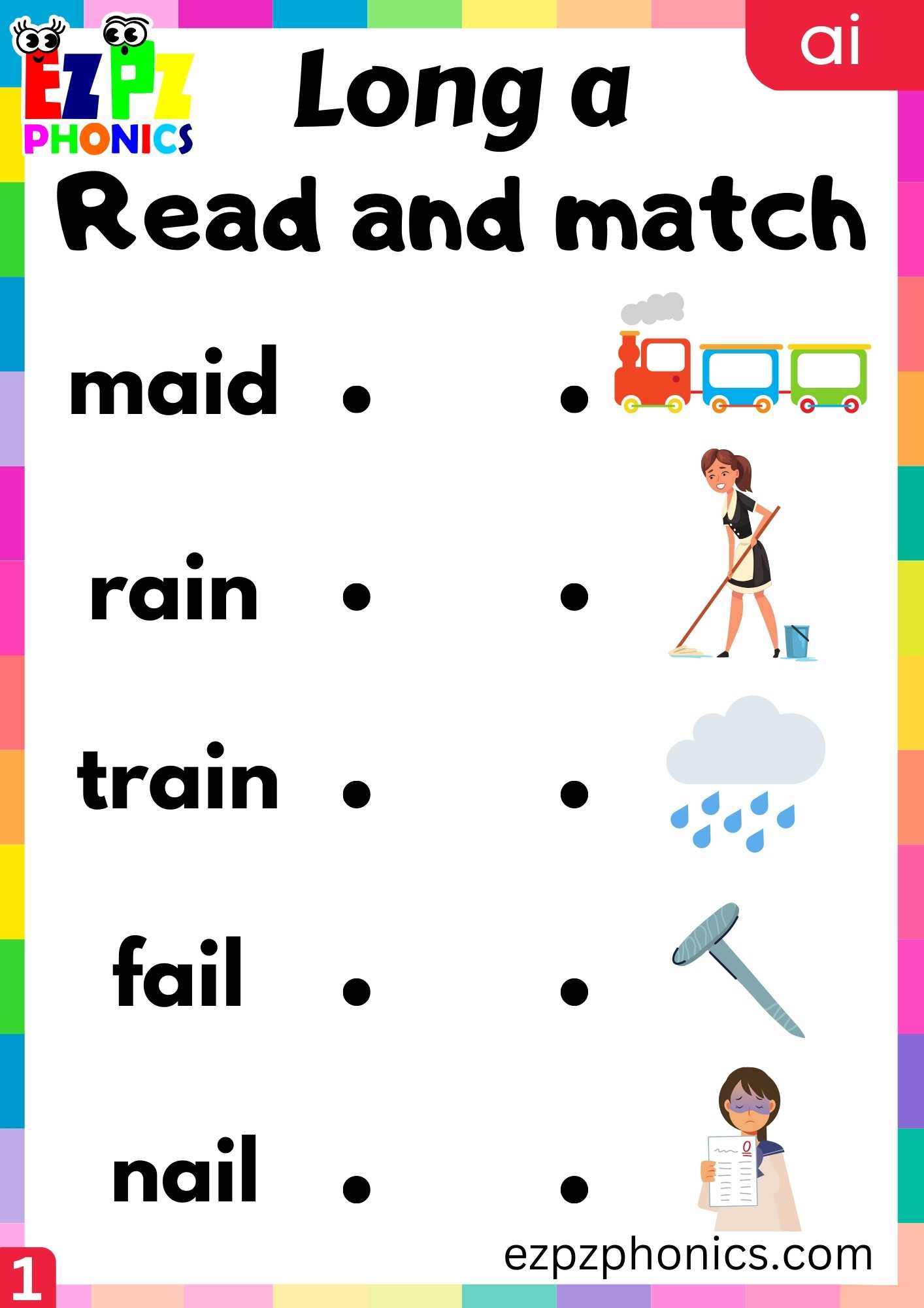 Group1 AI Words Read And Match Long A Phonics Worksheet - ezpzphonics.com
