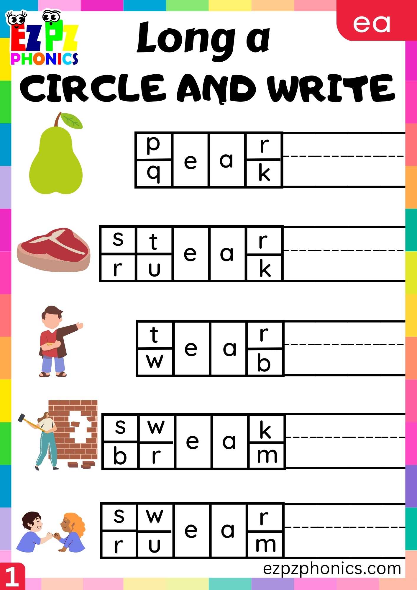 EA Words Circle And Write Long A Phonics Worksheet - ezpzphonics.com