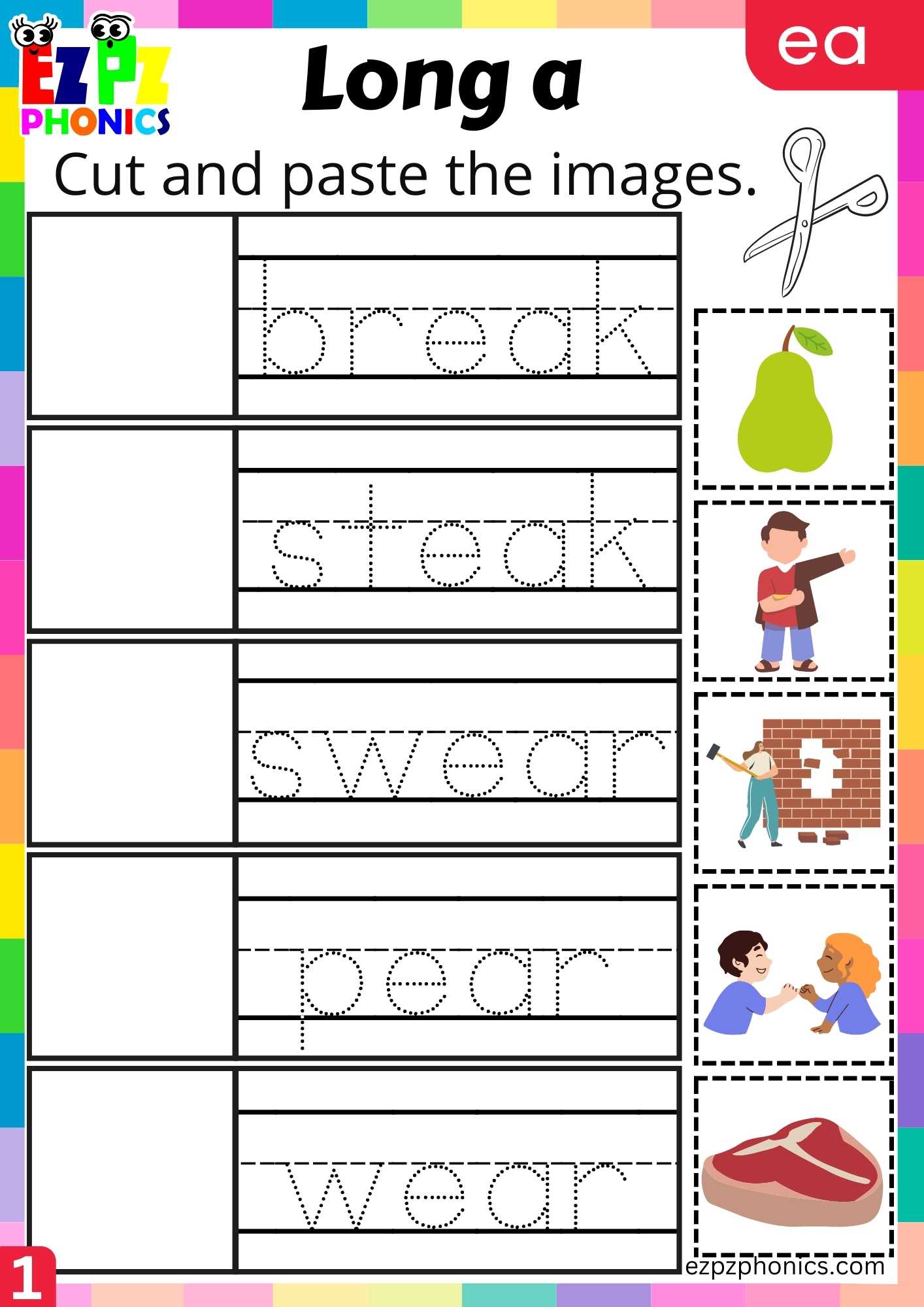 EA Words Cut And Paste The Images Long A Phonics Worksheet ...