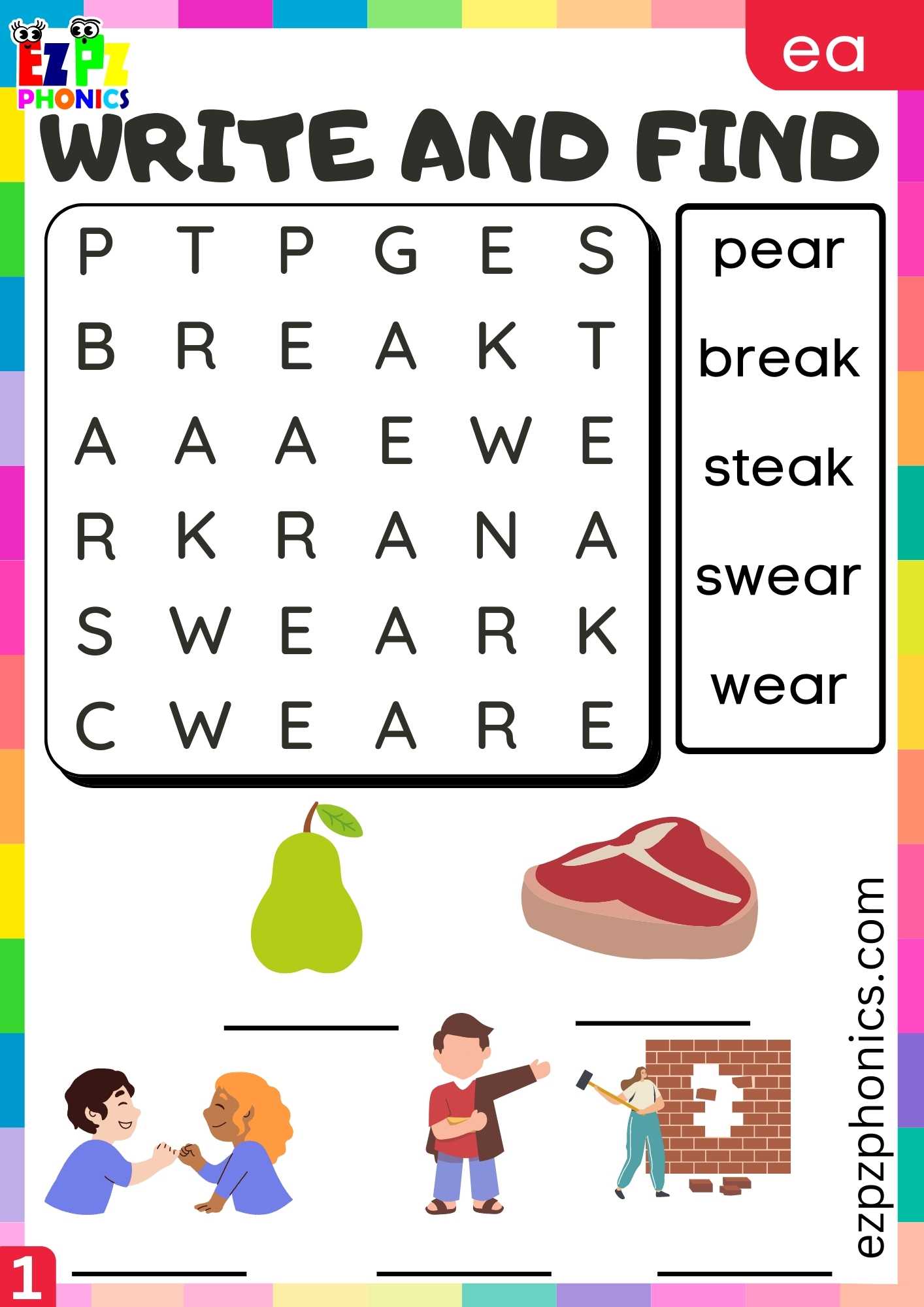 EA Words Write And Find Long A Phonics Worksheet - ezpzphonics.com