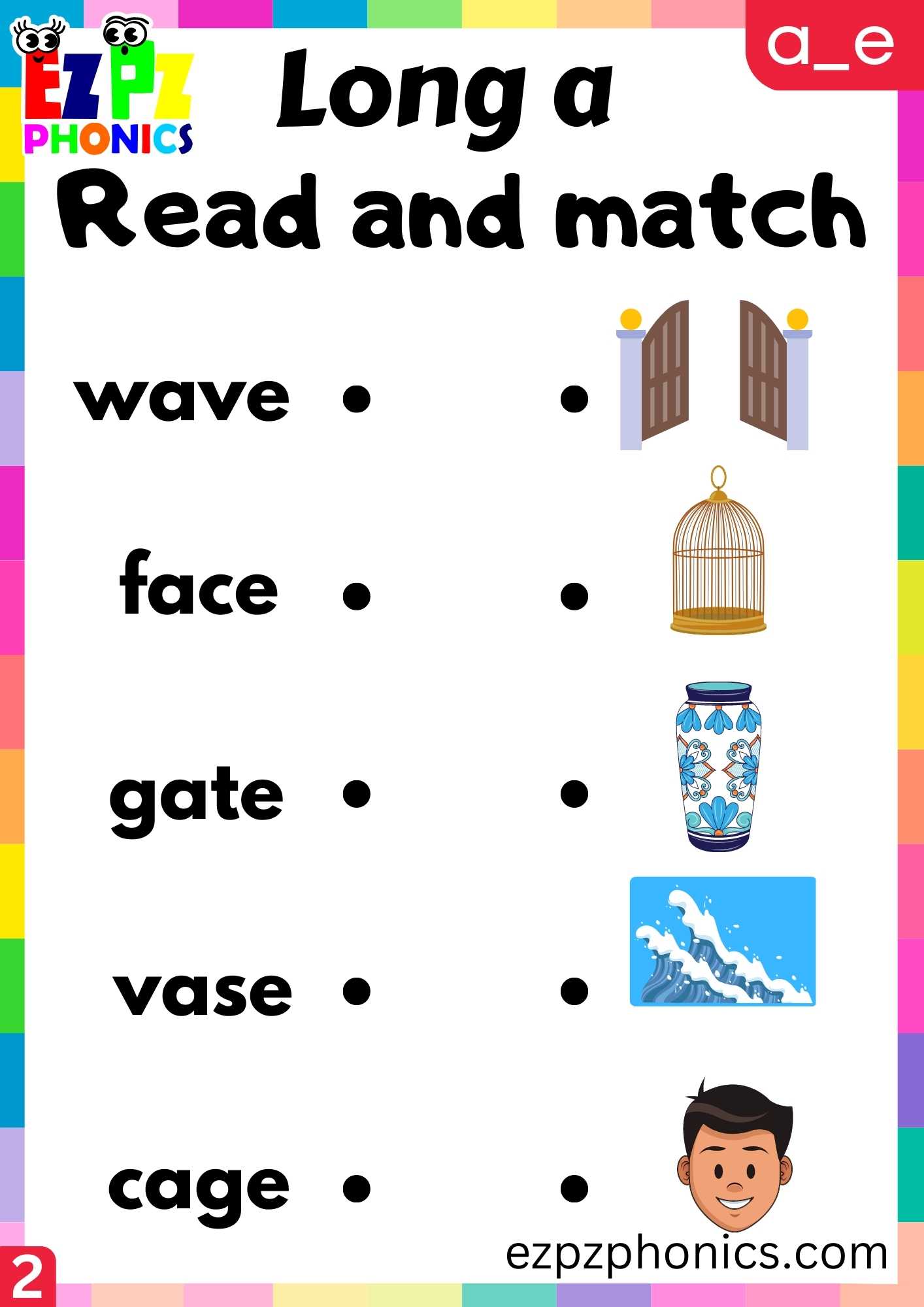 Group2 A_E Words Read And Match Long A Phonics Worksheet - ezpzphonics.com