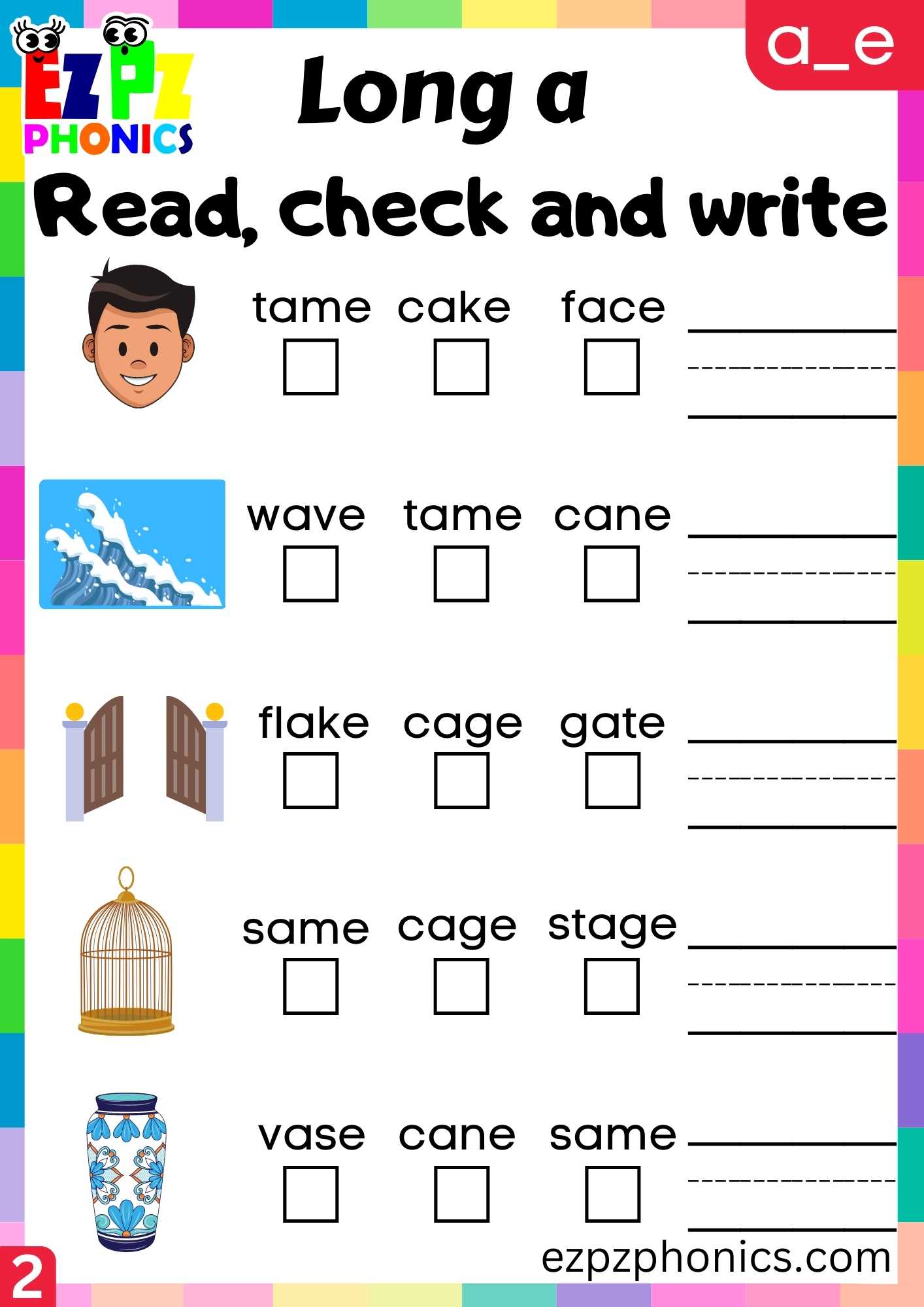 Group2 A_E Words Read, Check And Write Long A Phonics Worksheet ...