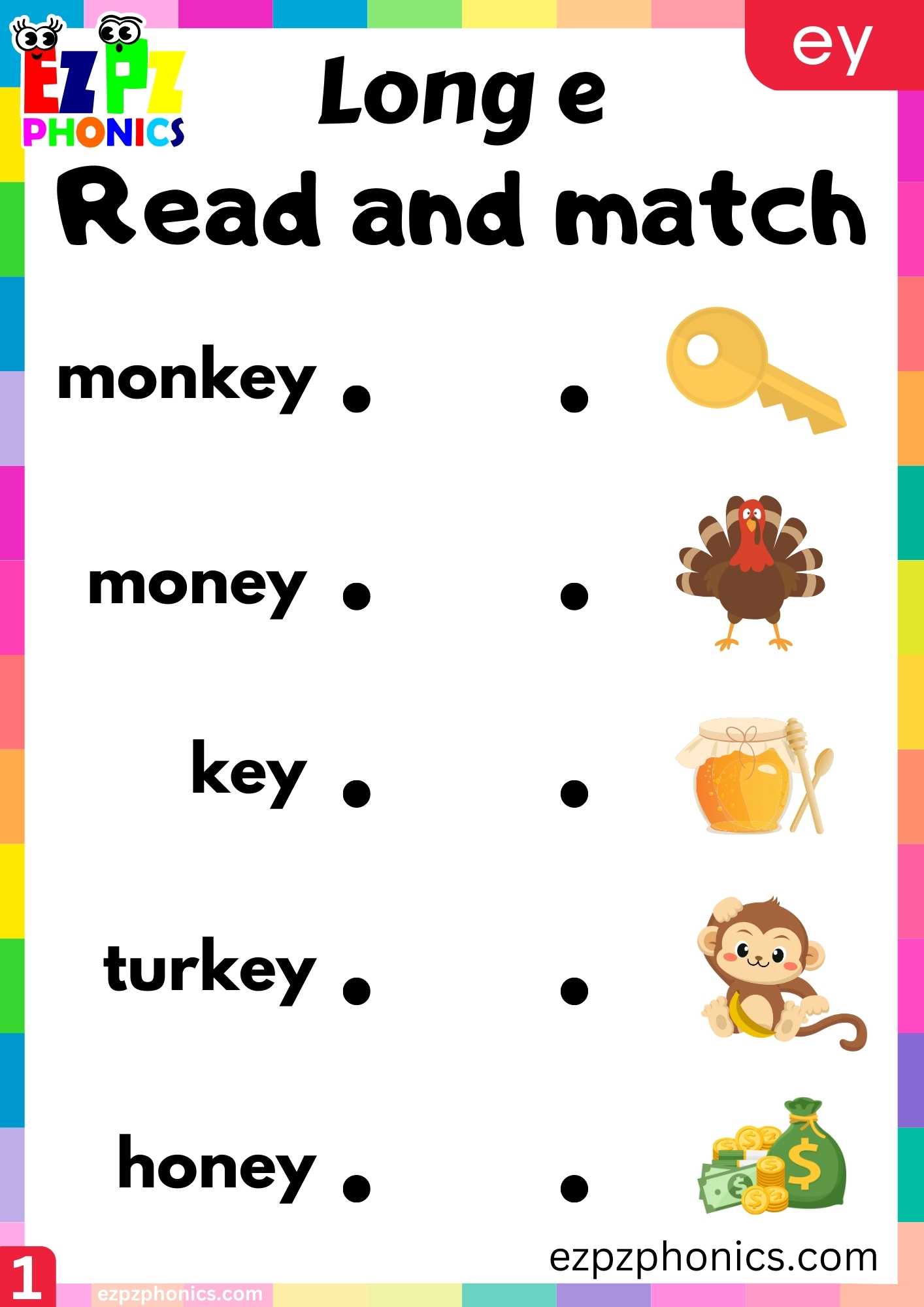 EY Words Read And Match Long E Phonics Worksheet - ezpzphonics.com