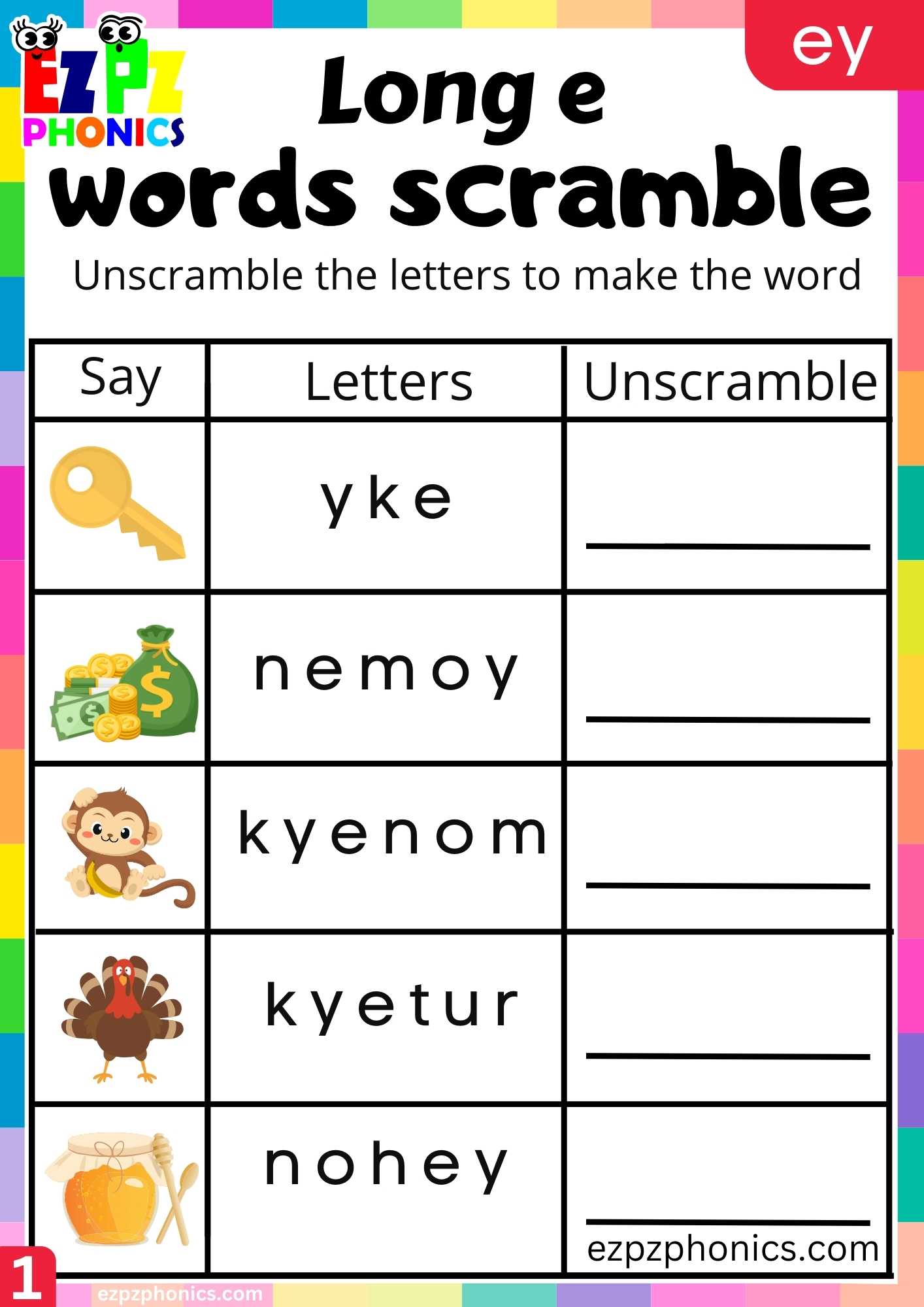 EY Words Words Scramble Long E Phonics Worksheet - ezpzphonics.com