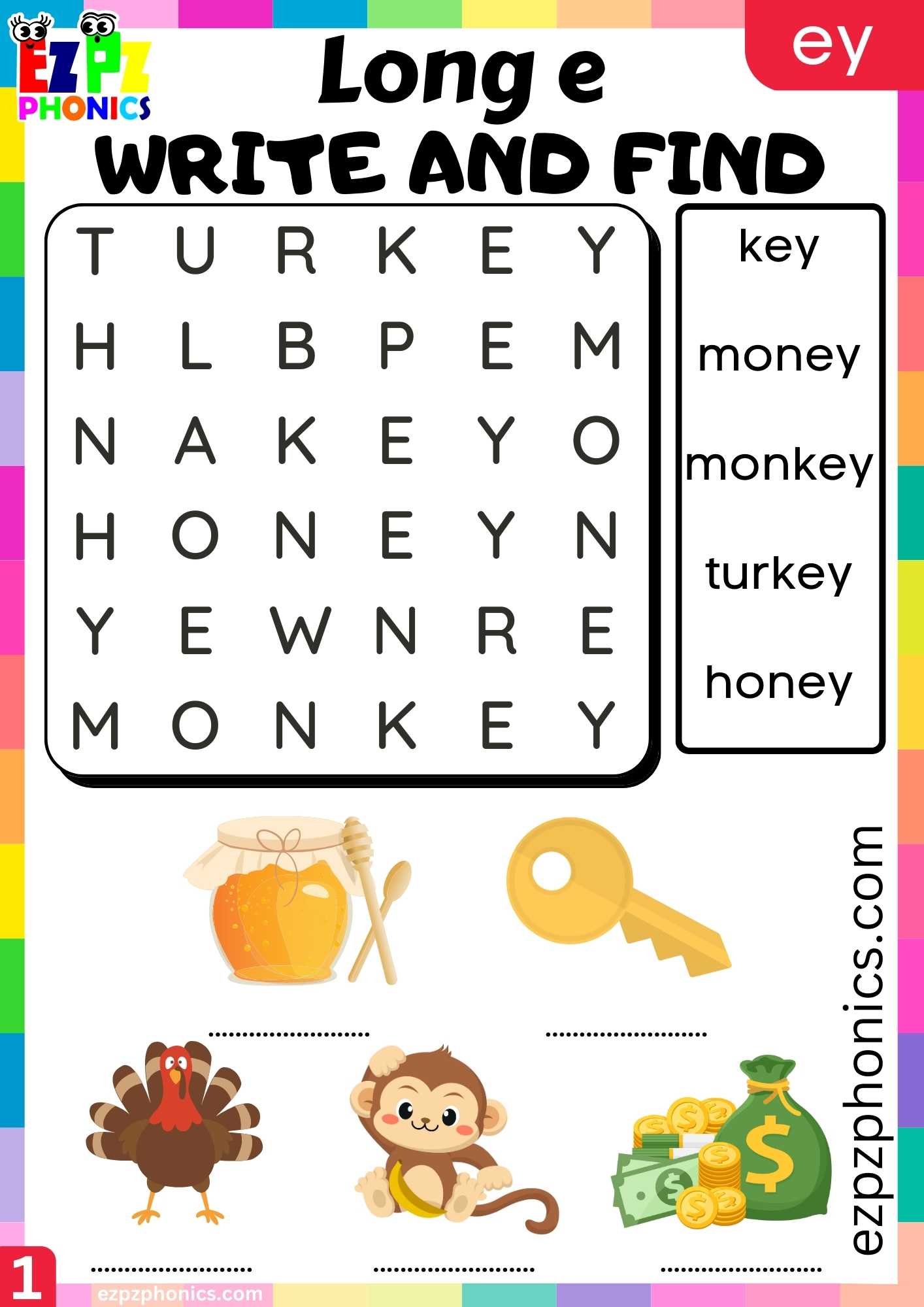 EY Words Write And Find Long E Phonics Worksheet - ezpzphonics.com