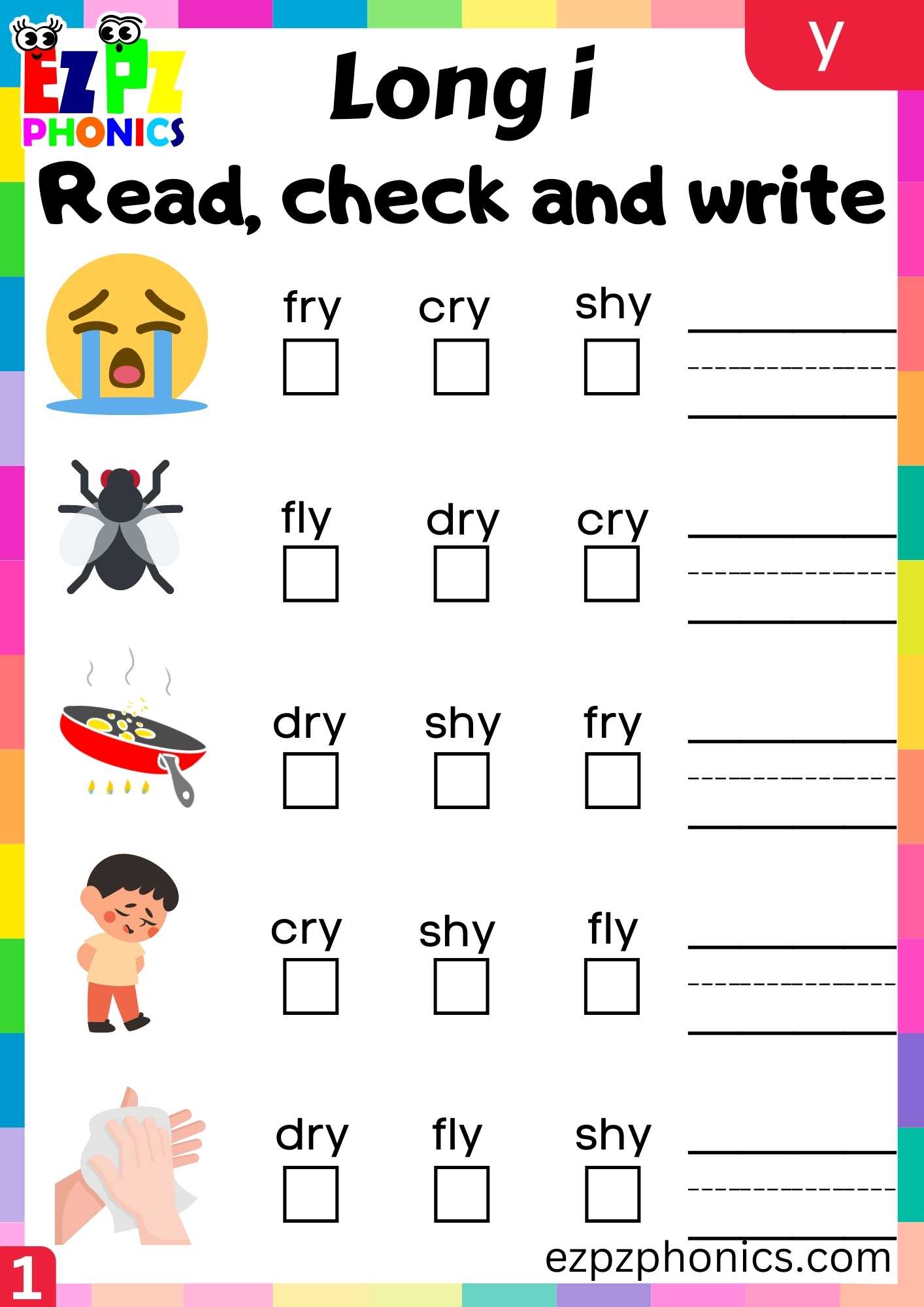 Y Words Read, Check And Write Long I Phonics Worksheet - ezpzphonics.com