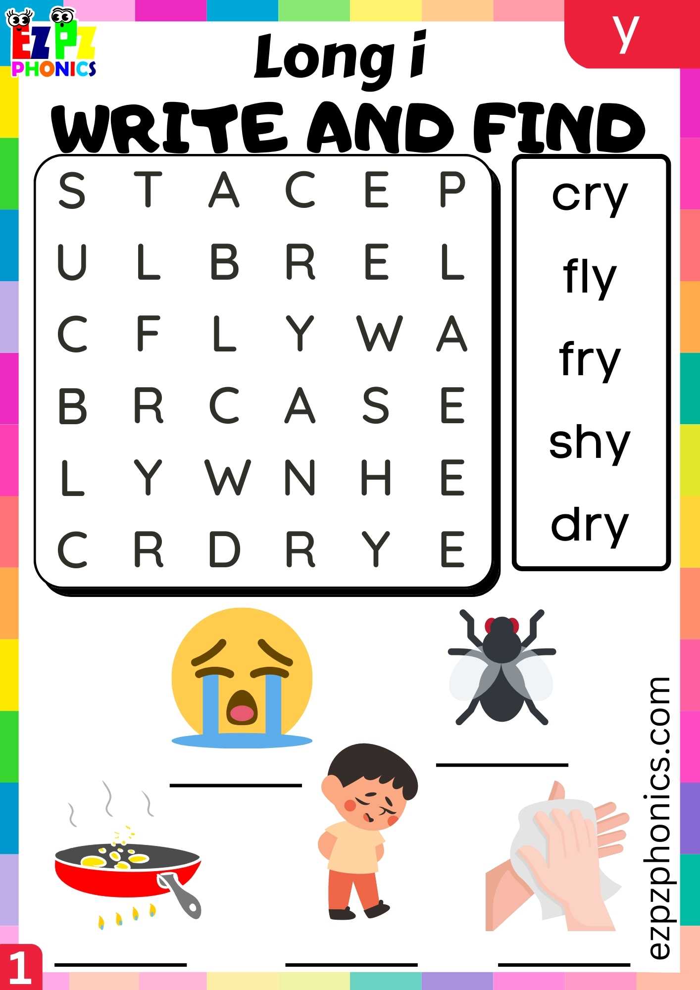 Y Words Write And Find Long I Phonics Worksheet - ezpzphonics.com