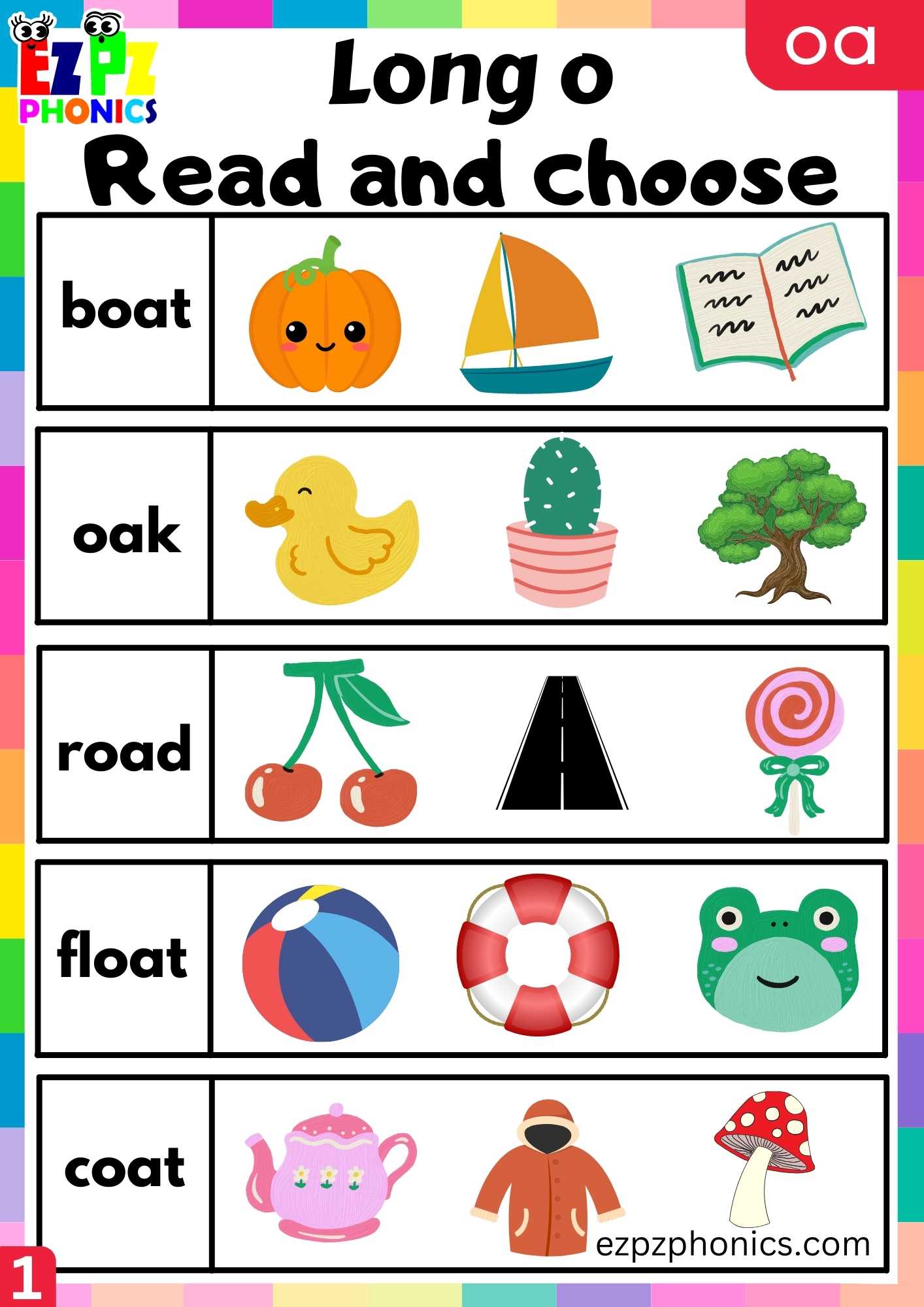Group1 OA Words Read And Choose Long O Phonics Worksheet - ezpzphonics.com