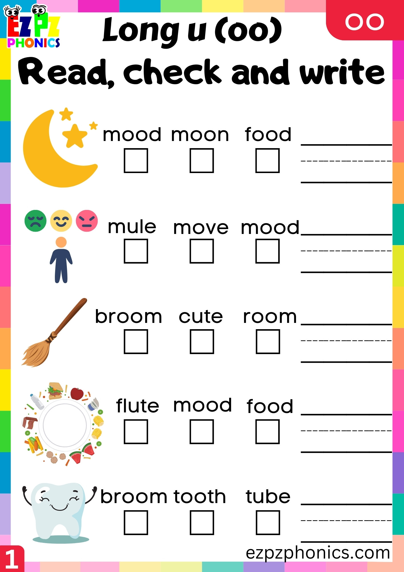 Read Check and Write the Words Activity for oo Words Long u (oo) Sound ...