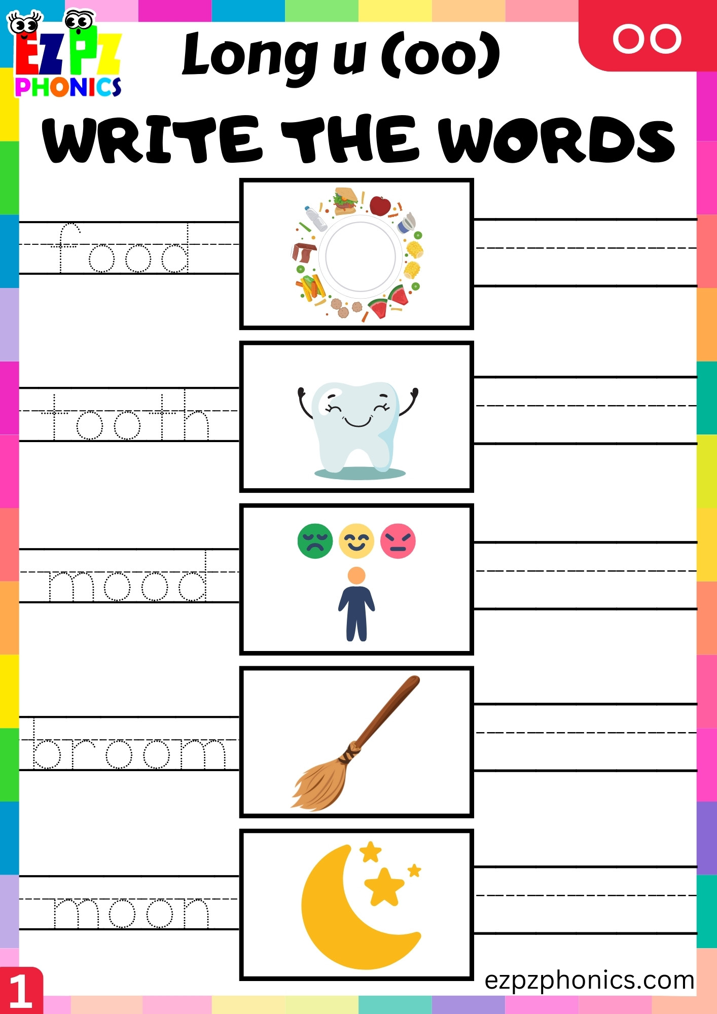 Write the Words Activity for oo Words Long u (oo) Sound - ezpzphonics.com