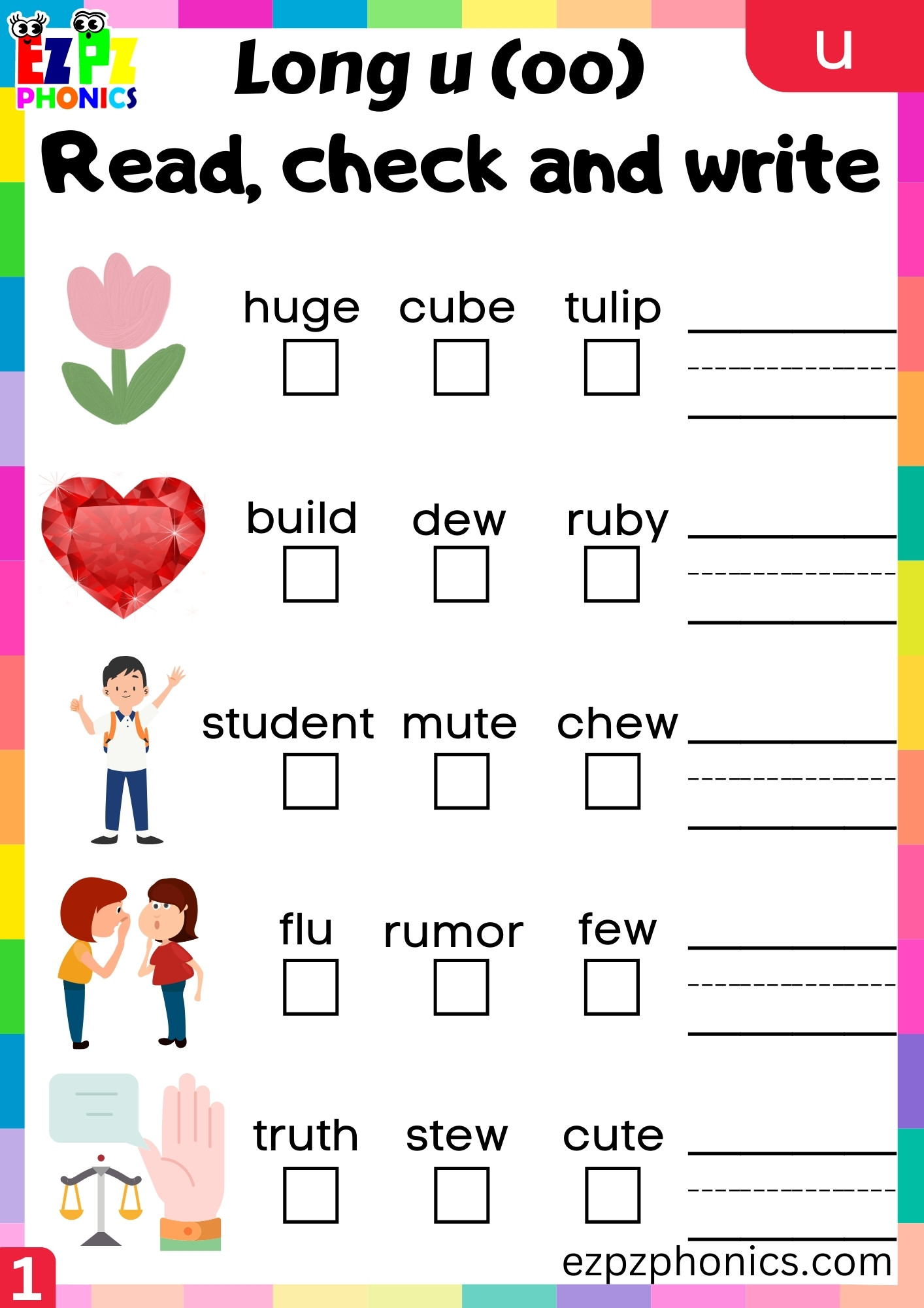 Read Check and Write the Words for u Words Long u (oo) Sound ...