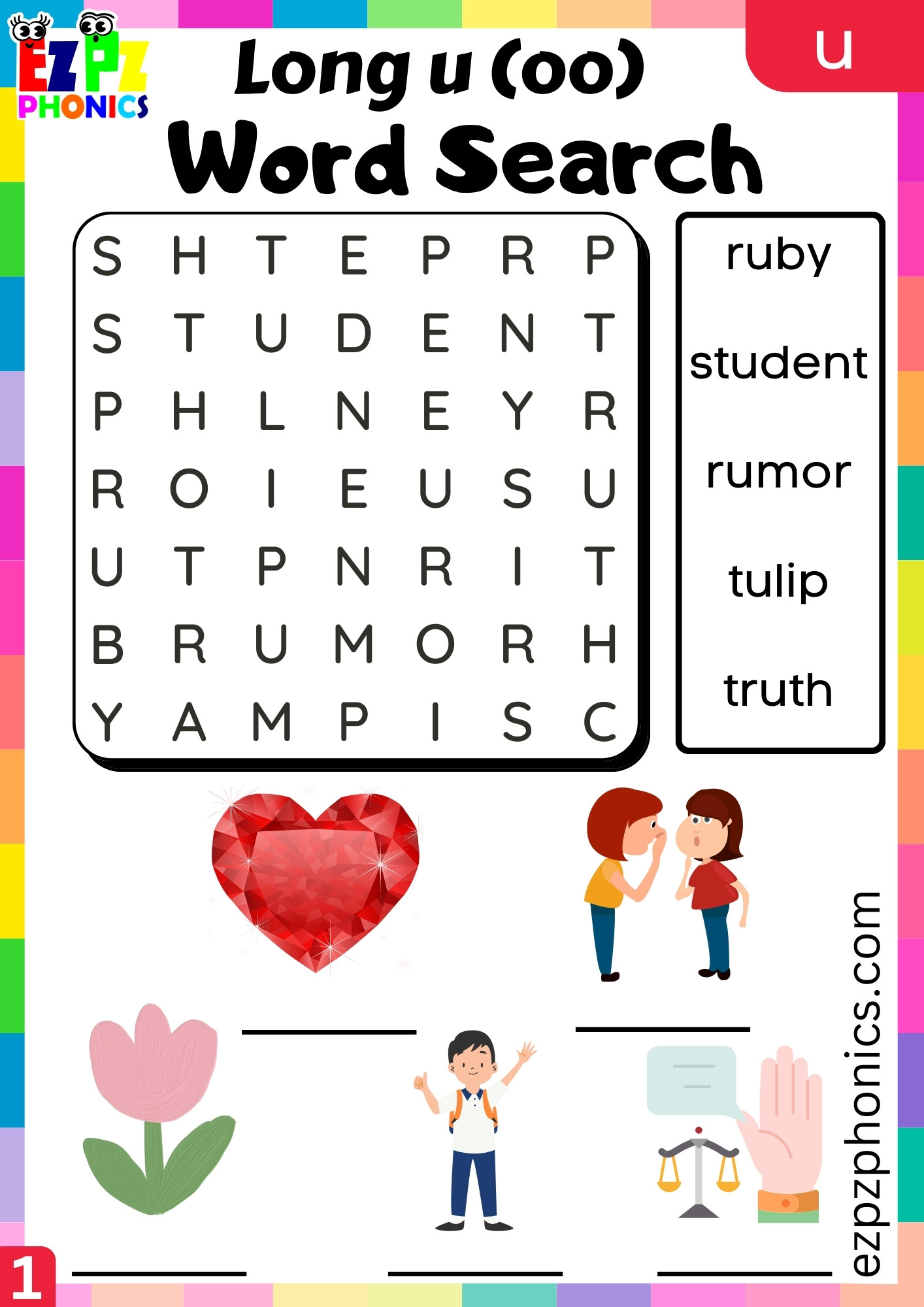 Word Search for u Words Long u (oo) Sound - ezpzphonics.com