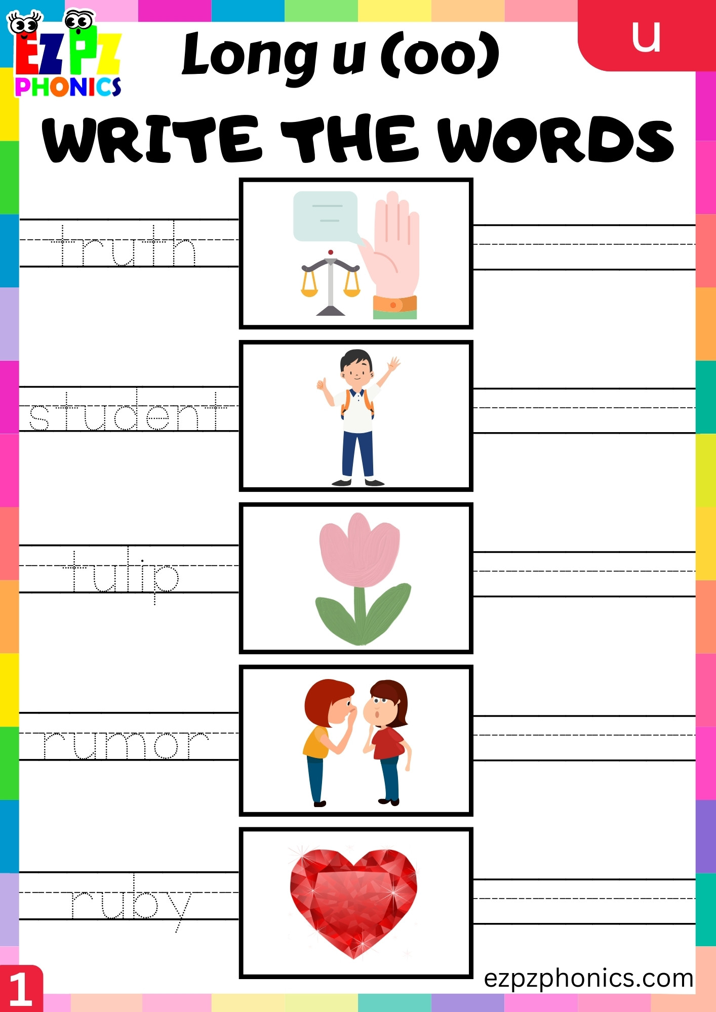 Write the Words for u Words Long u (oo) Sound - ezpzphonics.com