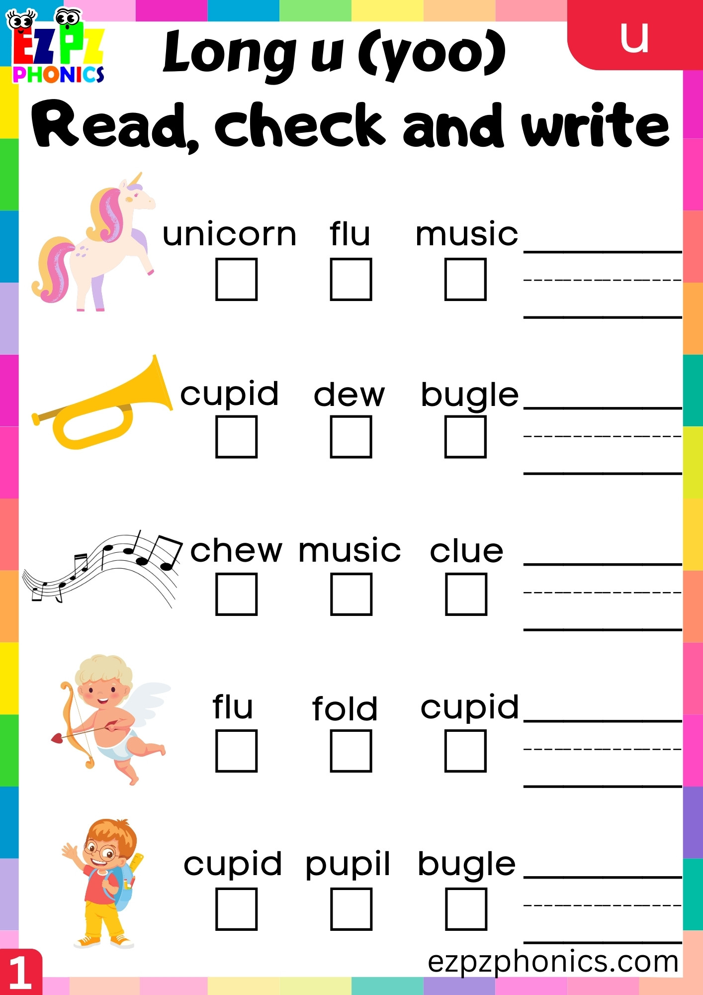 Read Check and Write Worksheet PDF Download for u Words Long u (yoo ...