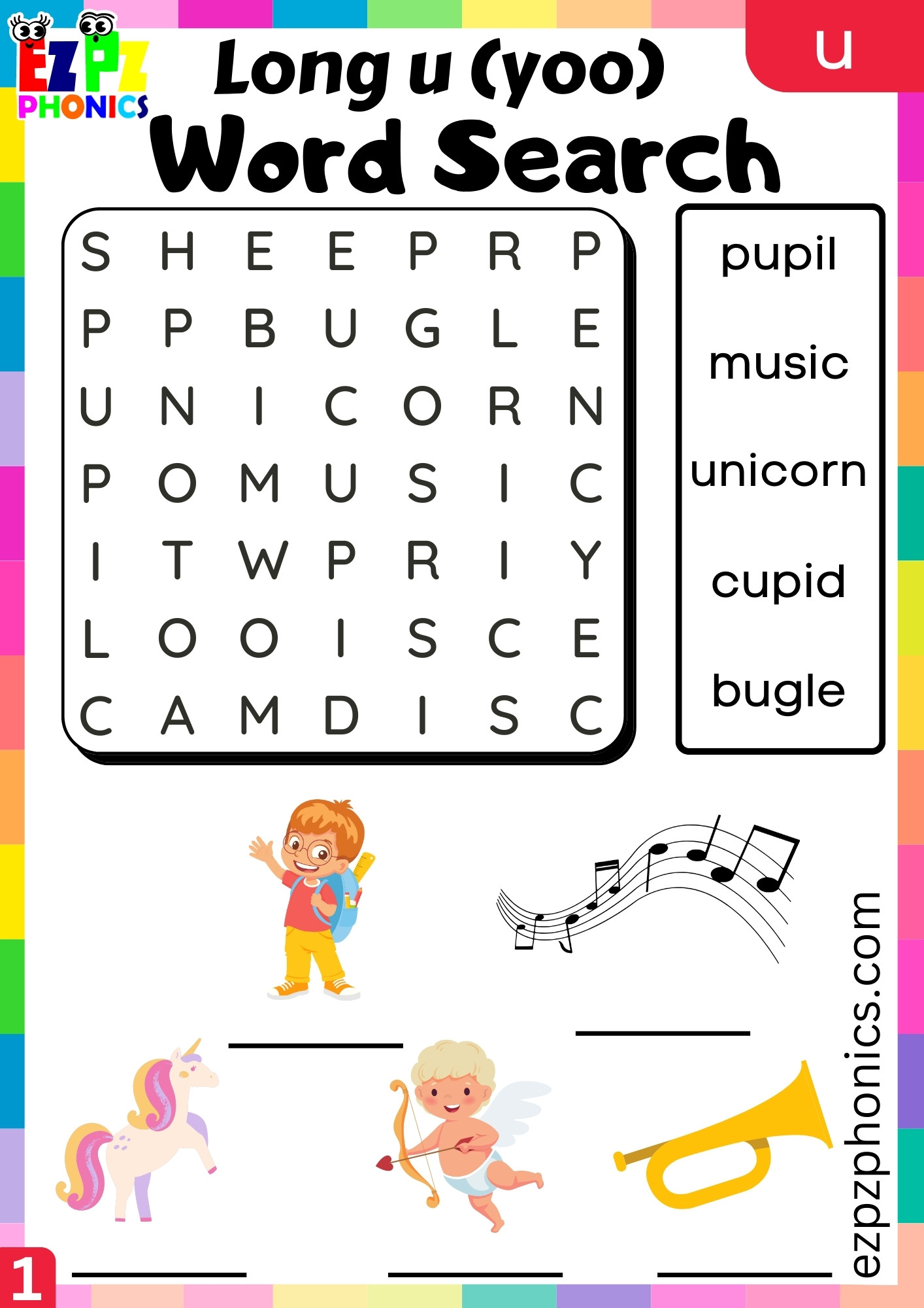 Word Search for u Words Long u (yoo) Sound - ezpzphonics.com