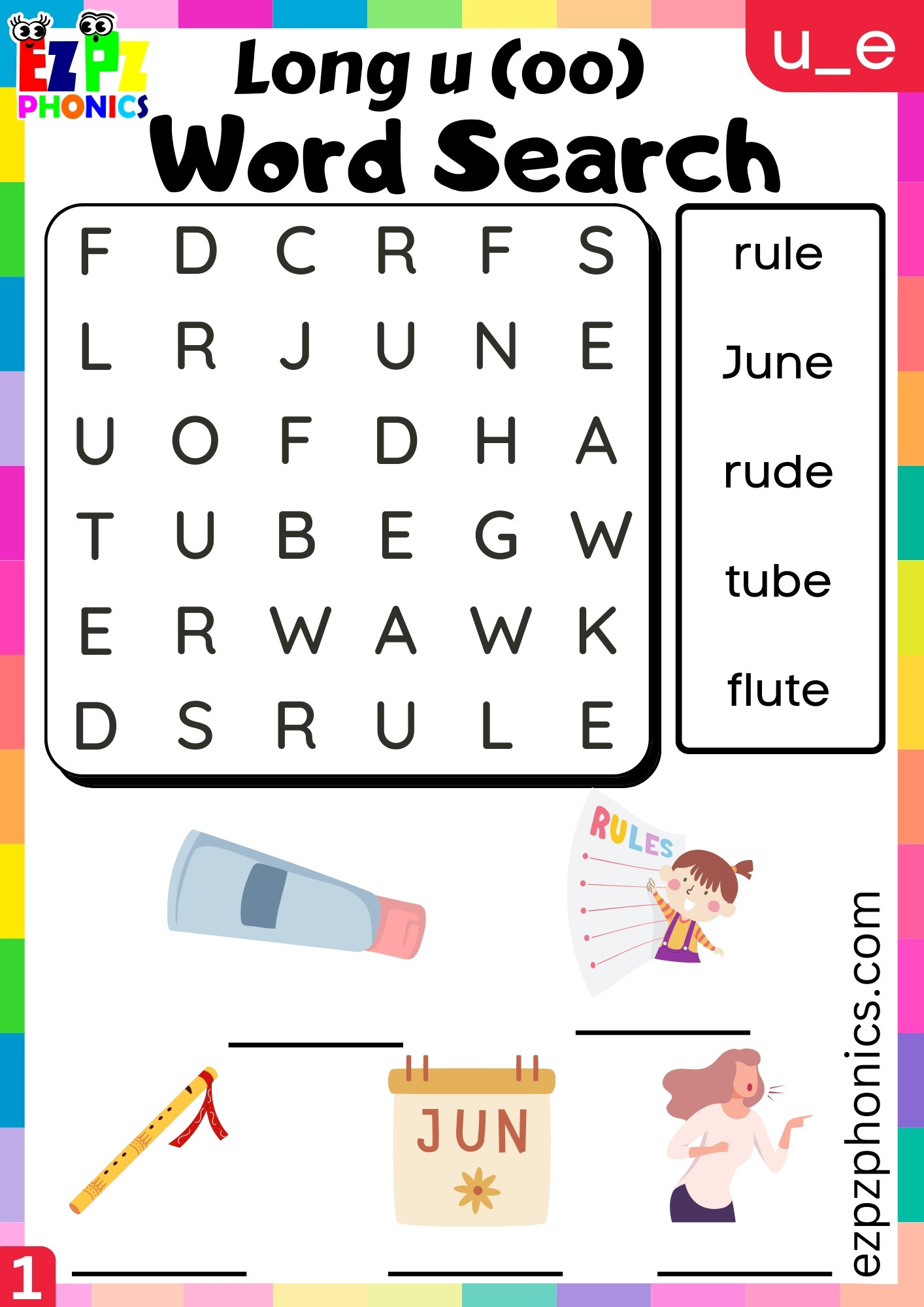 Word Search Write and Find the Words for u_e Words Long u (oo) Sound ...