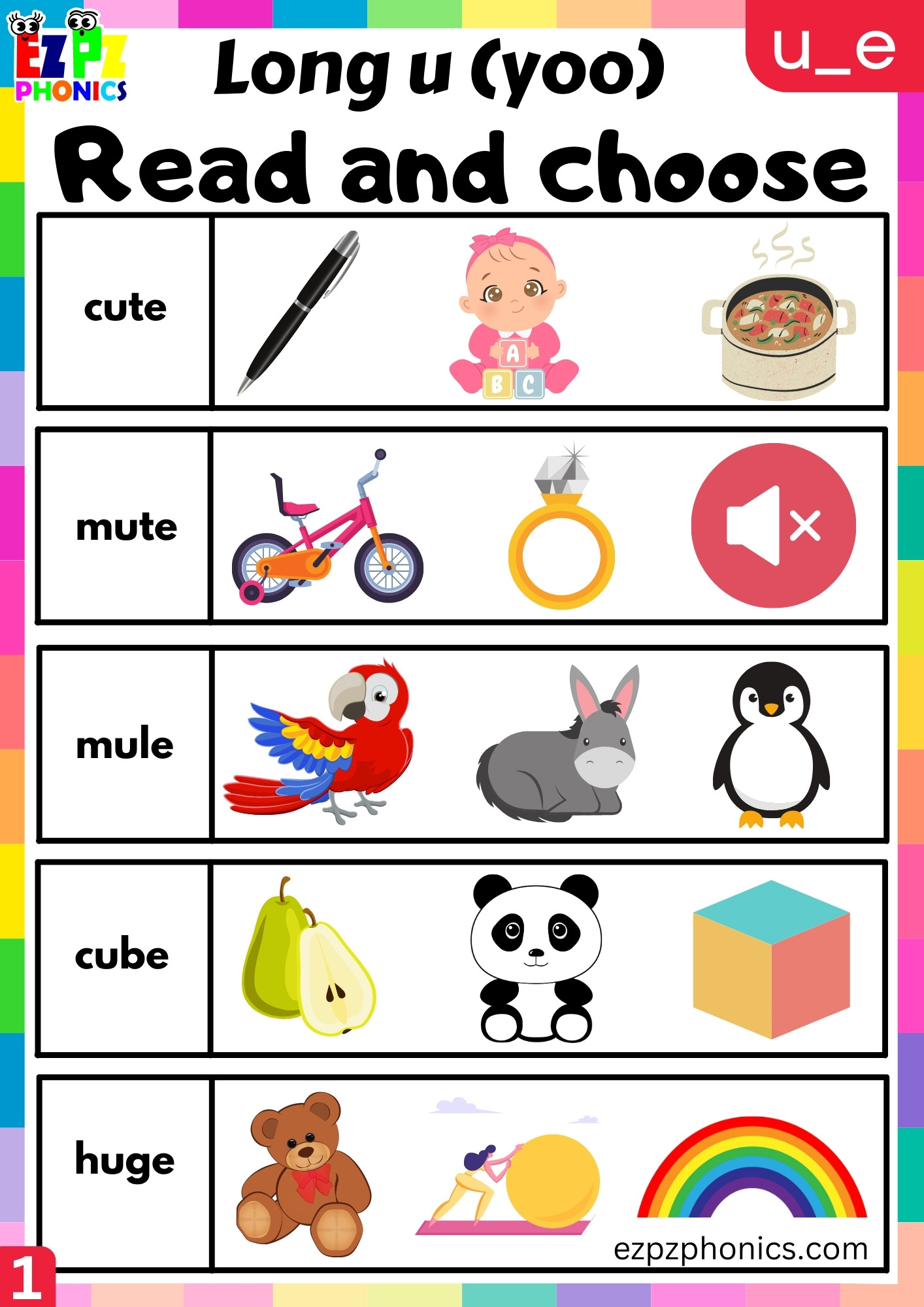 Read the Word and Choose the Correct Image for for u_e Words Long u ...