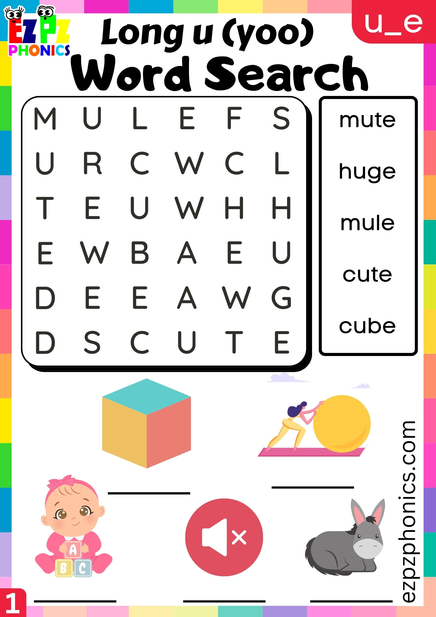 Word Search for u_e Words Long u (yoo) Sound - ezpzphonics.com