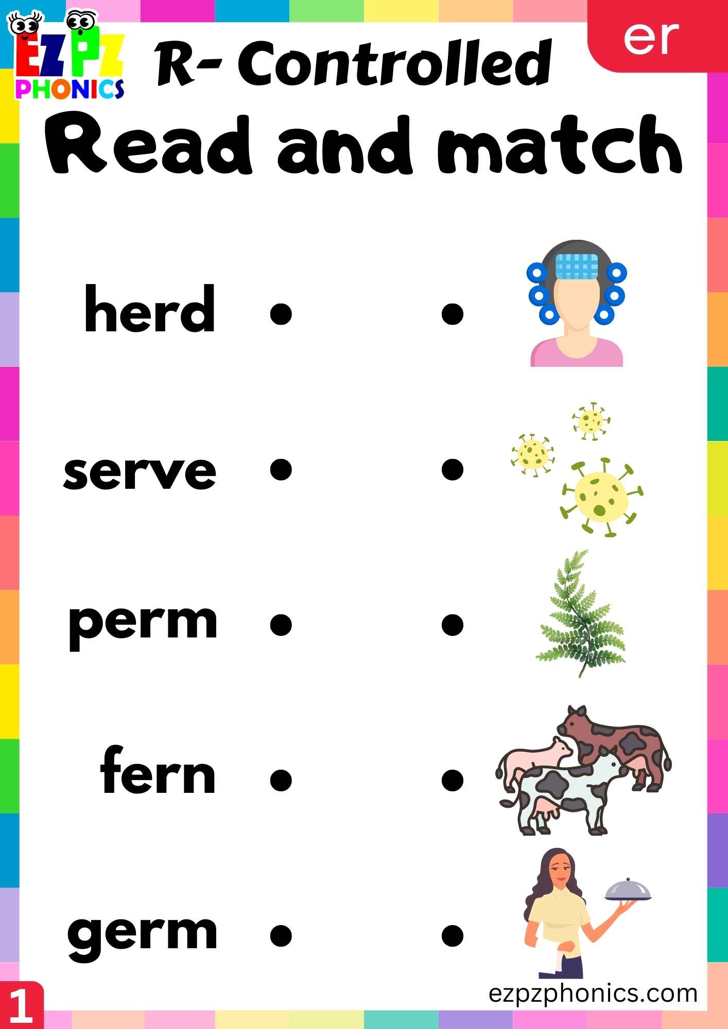 Read and match activity for er words R controlled vowels phonics group ...