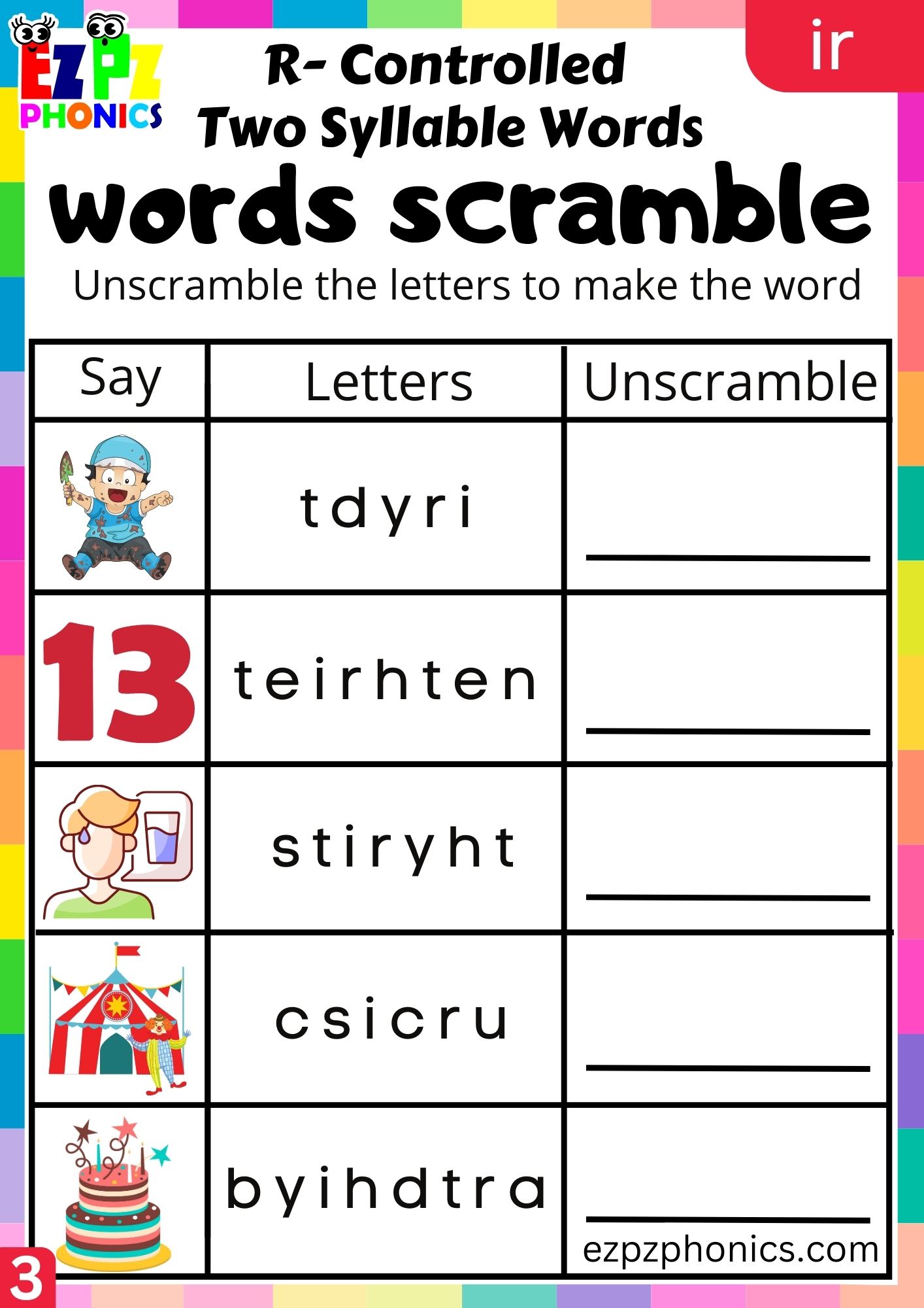 Word scramble activity for two syllable ir words R Controlled Vowels ...