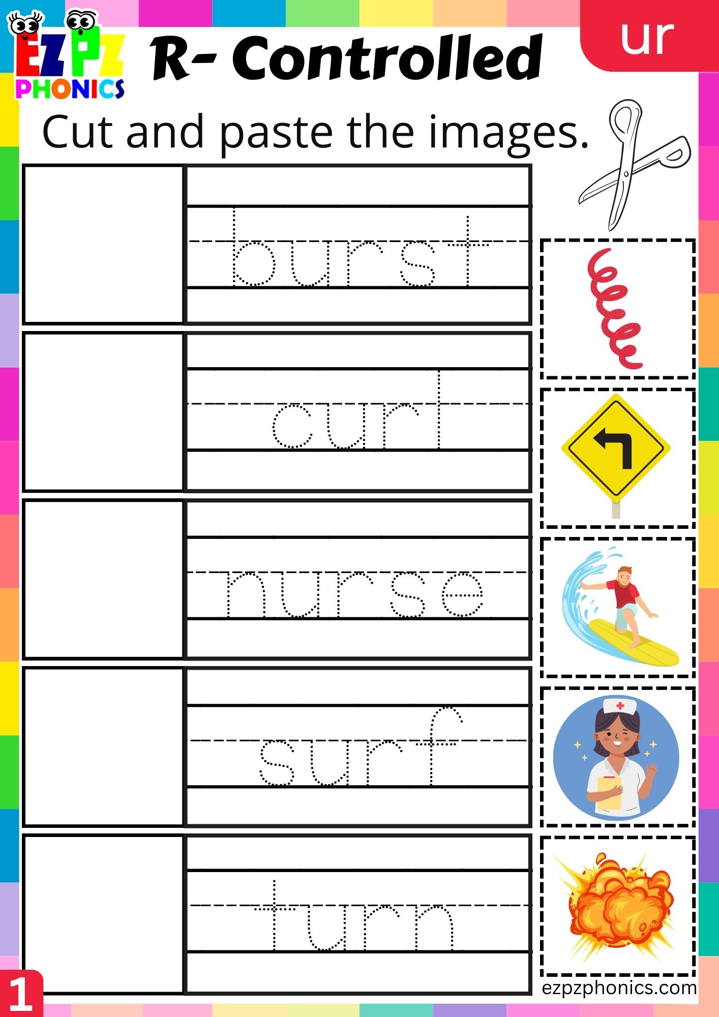 Cut and paste worksheet for ur words R Controlled Vowels group 1 ...