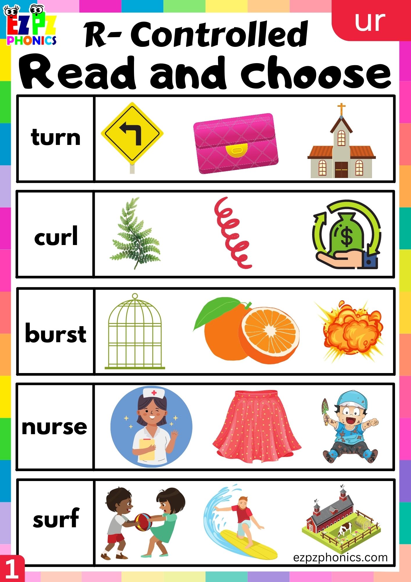 Read and choose worksheet for ur words R Controlled Vowels group 1 ...