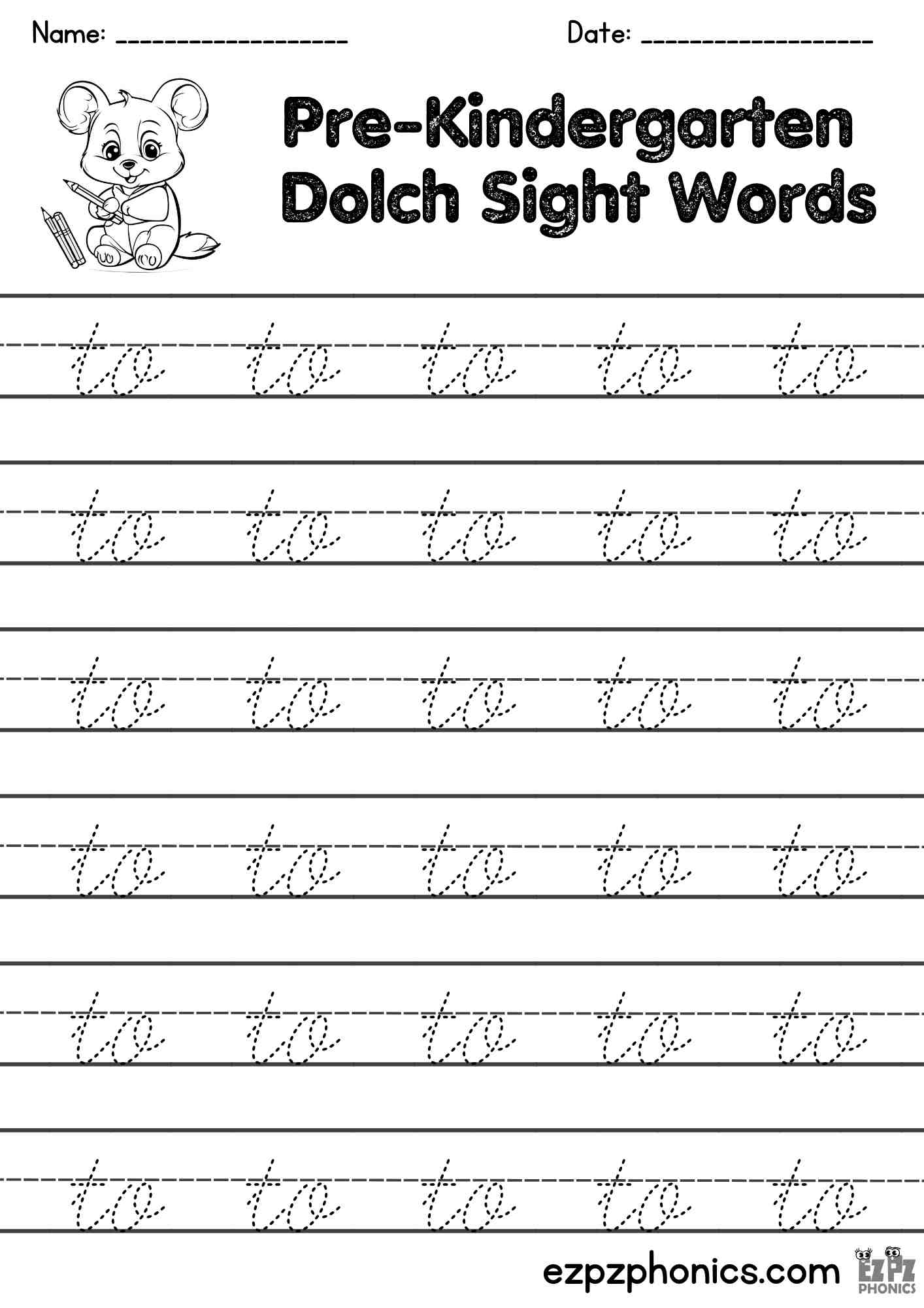 The Word To Cursive Writing Practice – Pre-K Dolch Sight Words Free PDF ...