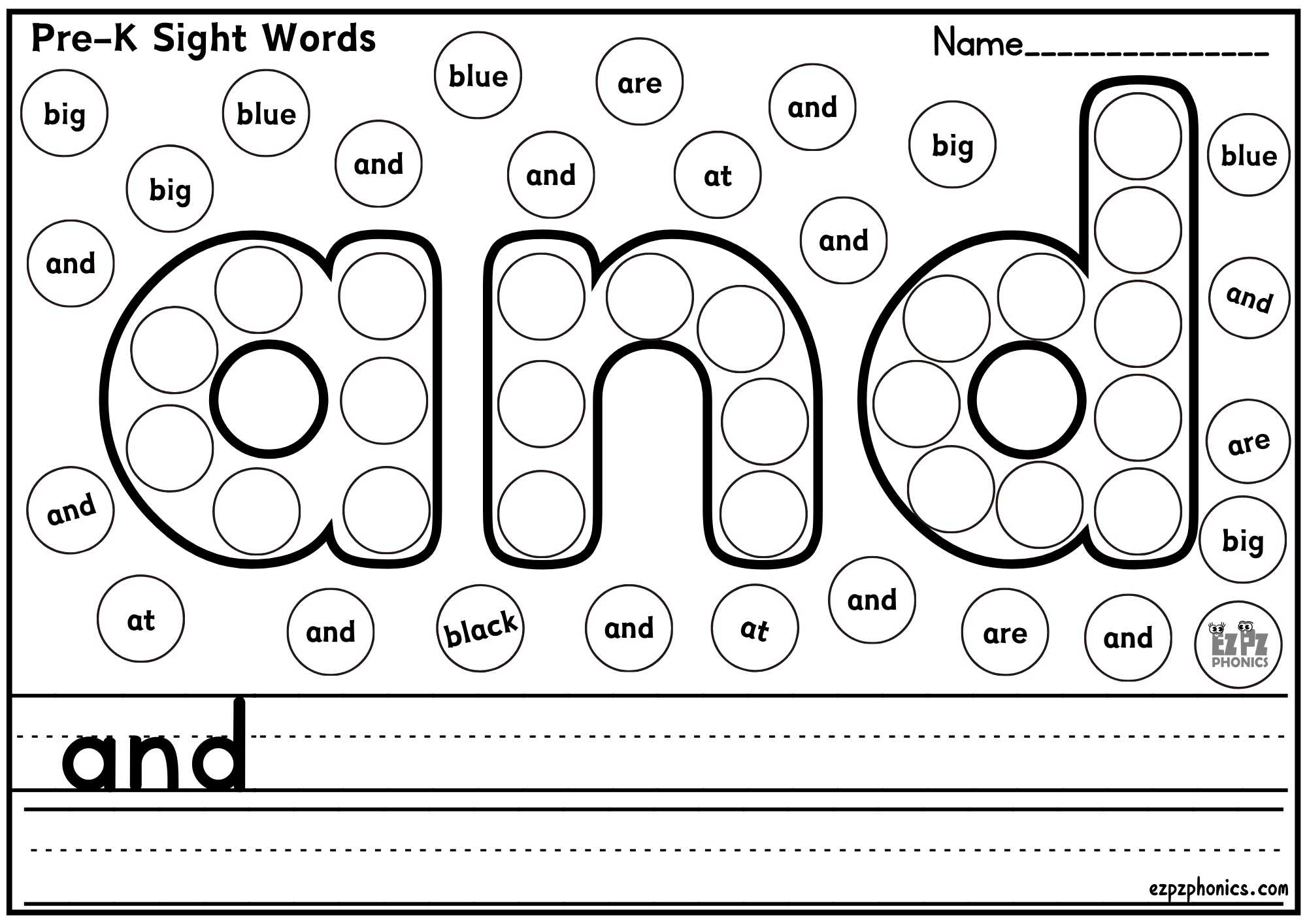"and" Dolch Sight Word Dab & Write Worksheet Pre K Free PDF Download ...