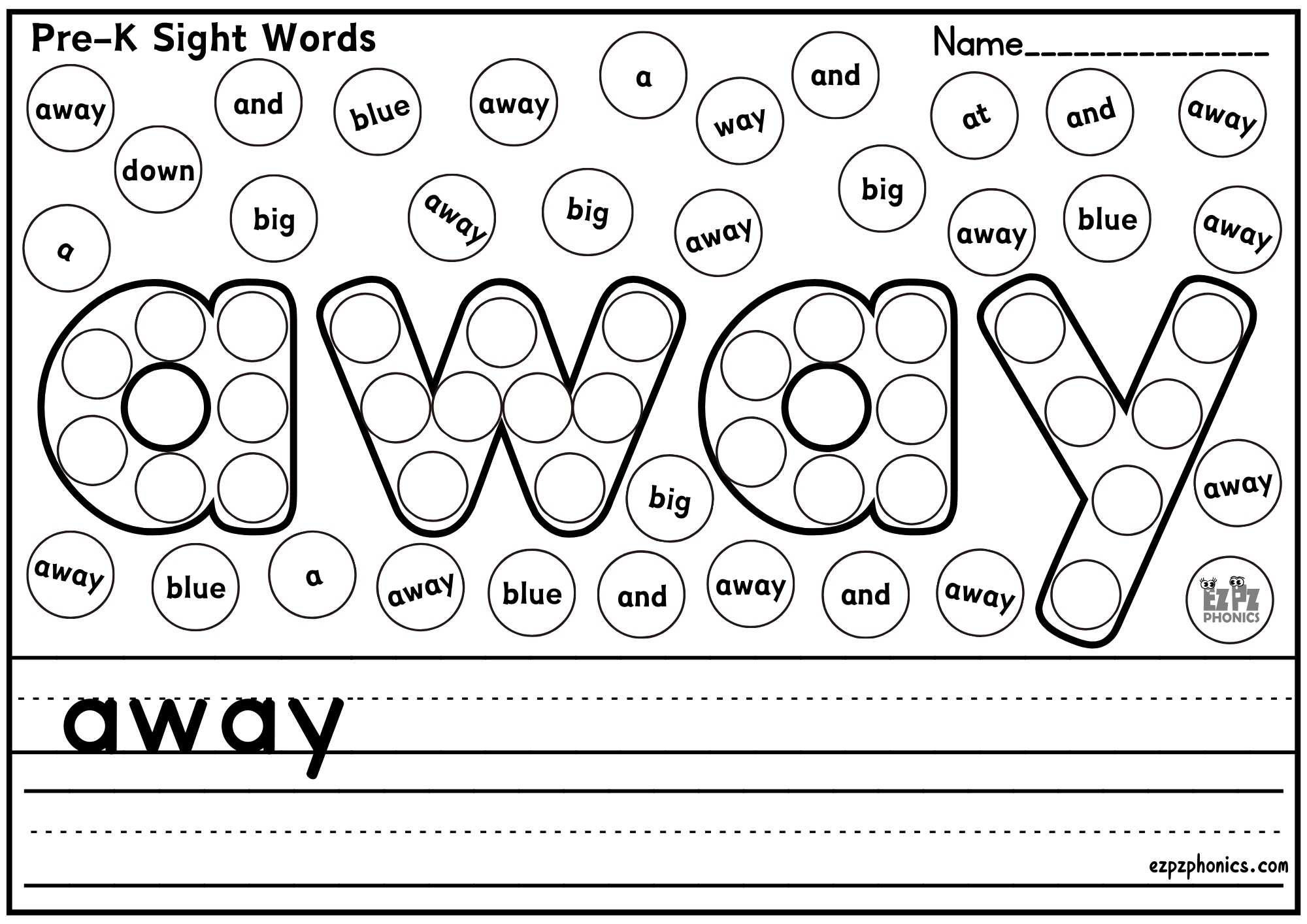 "Away" Dolch Sight Word Dab & Write Worksheet Pre K Free PDF Download ...